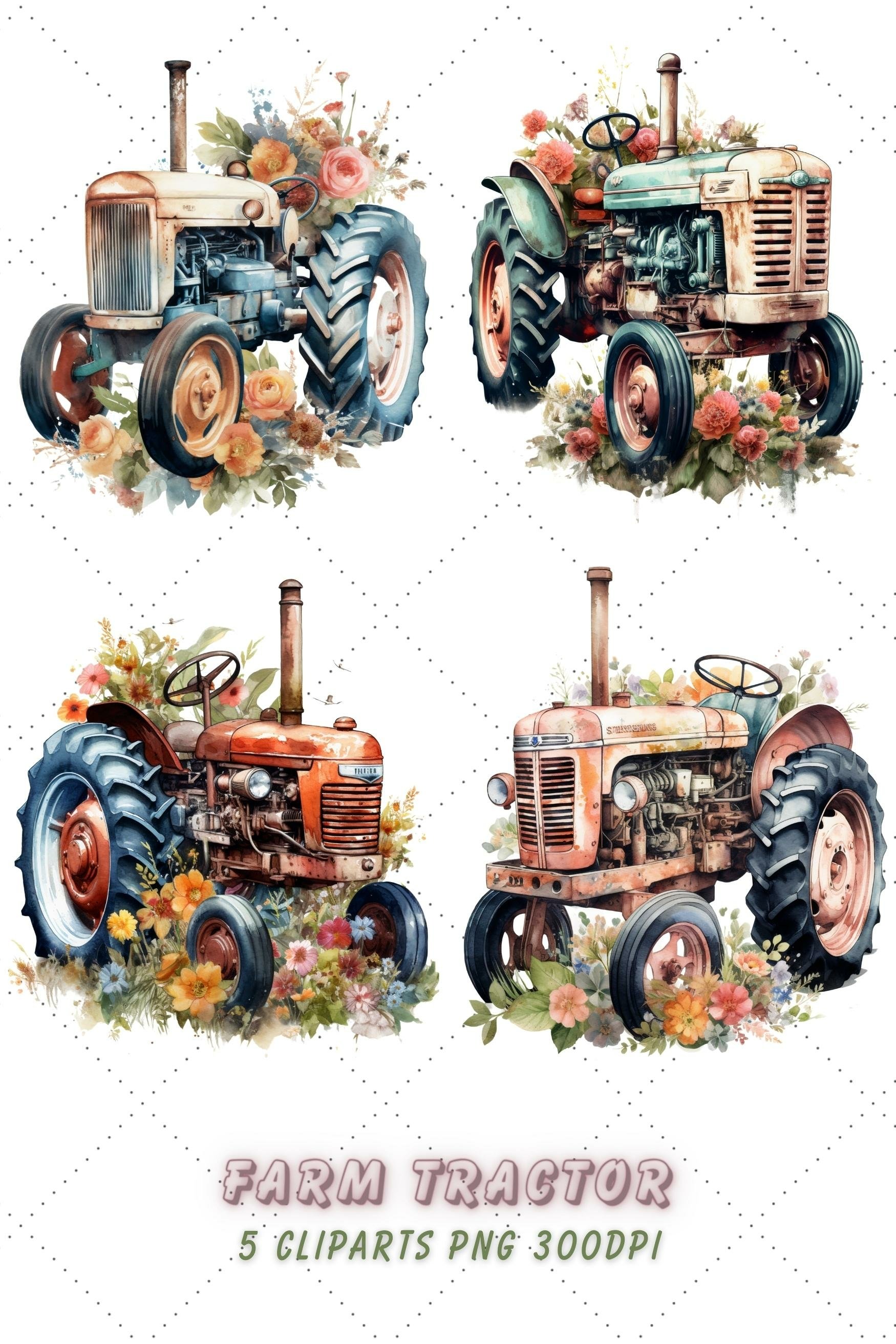 Farm Tractor Floral Watercolor Clipart Bundle
