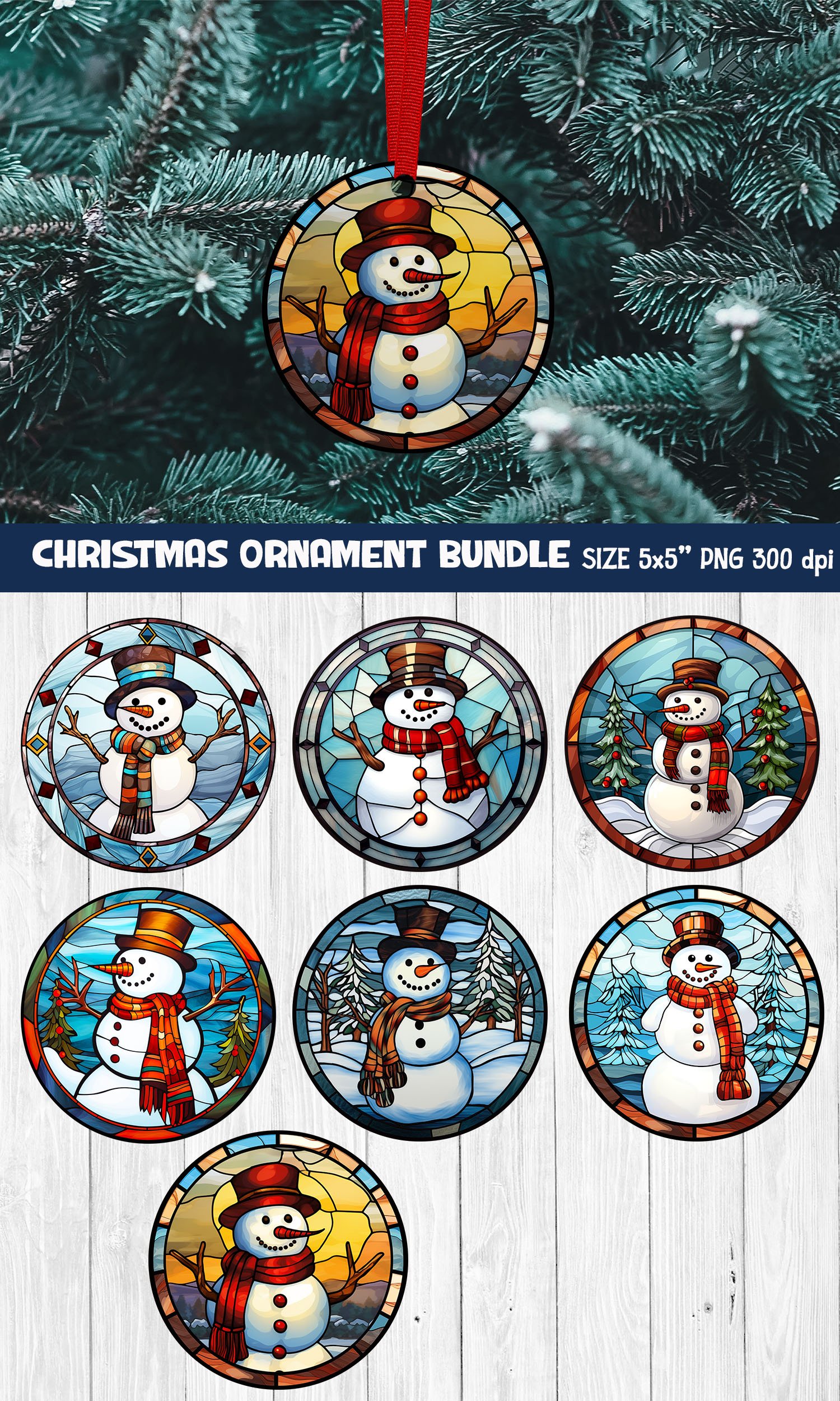 Christmas Ornament PNG | Snowman PNG Stained Glass Bundle