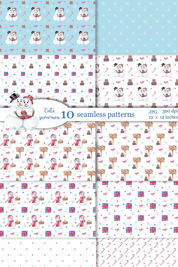 Cute snowmen - seamless patterns. Christmas digital paper