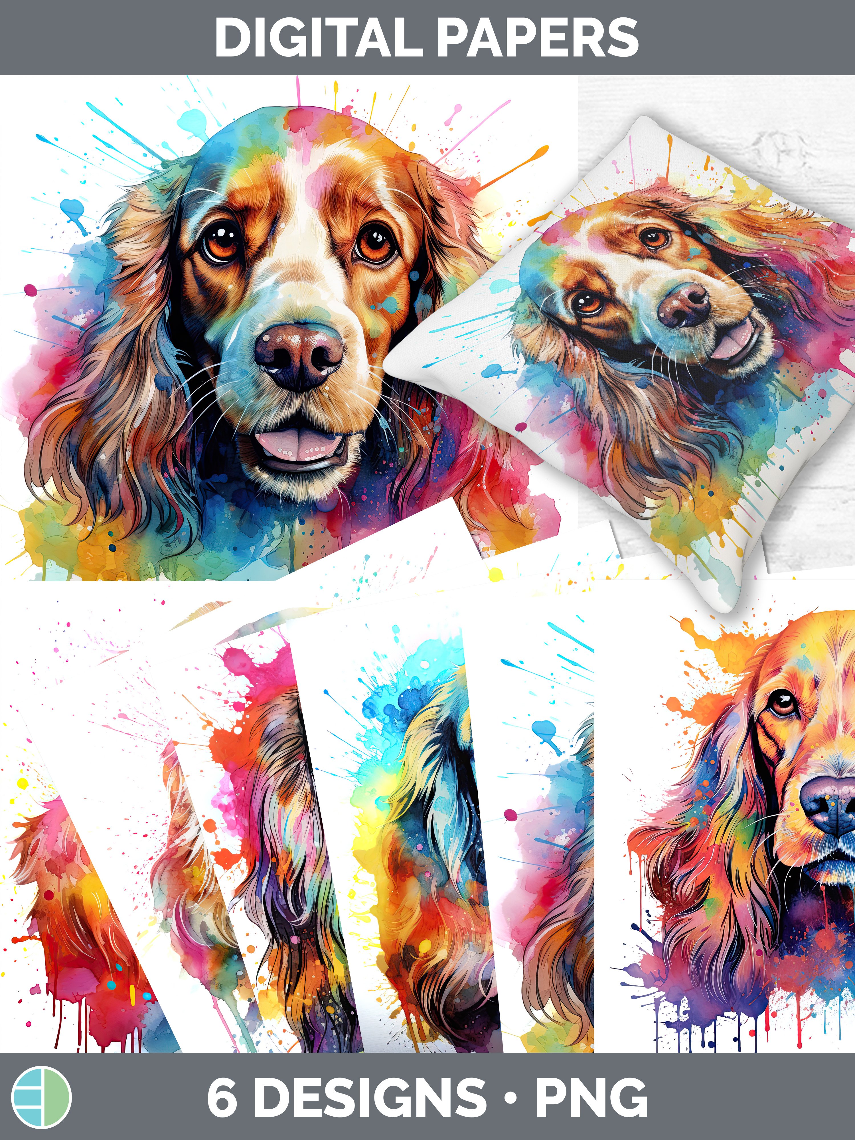 Splat Rainbow Spaniel Dog Paper Backgrounds | Digital Scrap