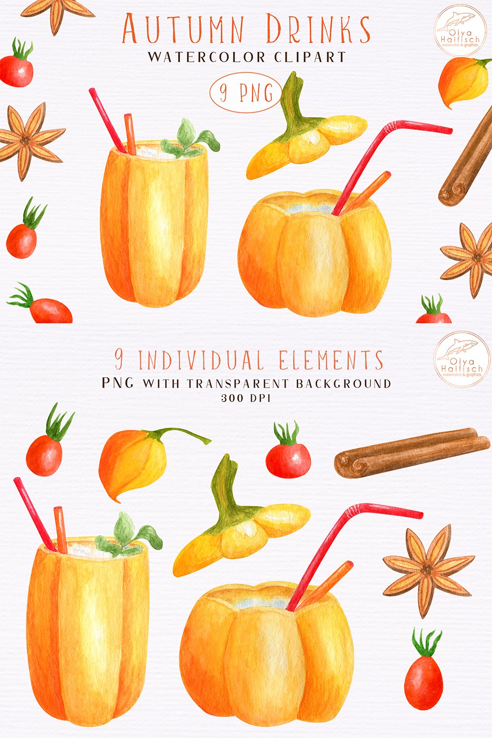 Watercolor Pumpkin Drinks Clipart. Fall Clipart PNG