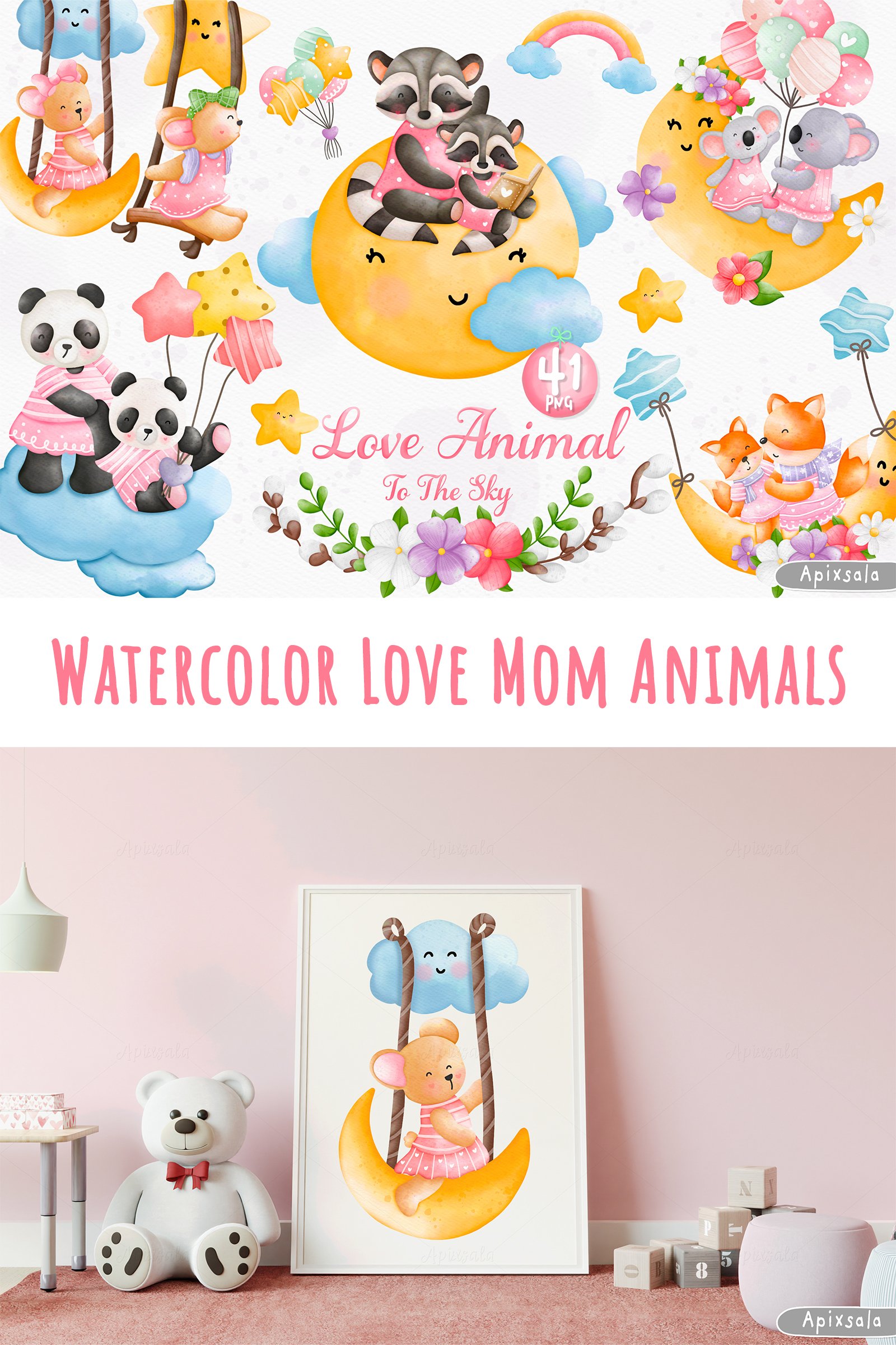Watercolor Love Mom Animals Bundle | Mom Animals Clipart
