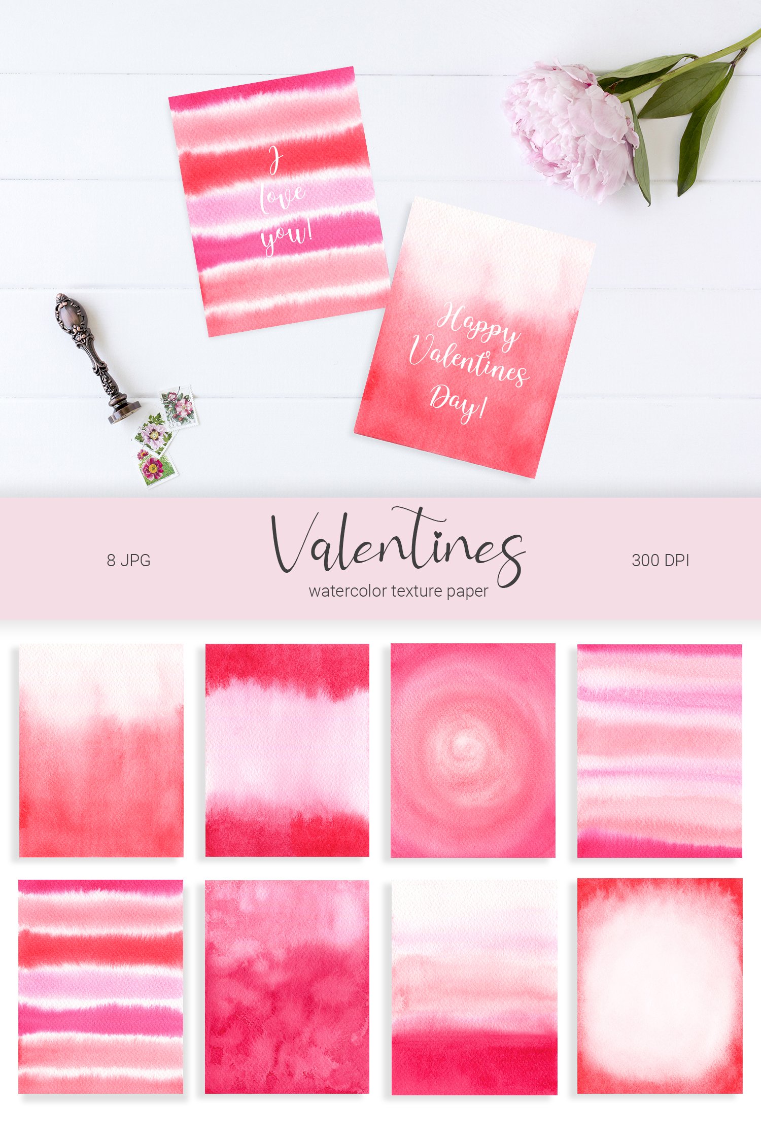 Watercolor Valentines digital papers. Valentine JPG texture