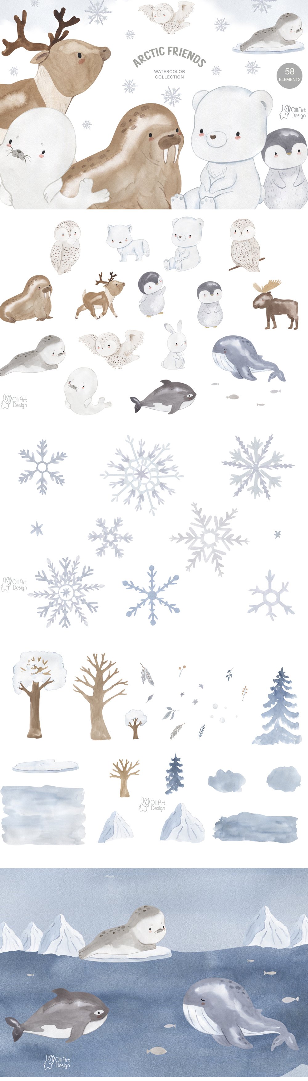 ARCTIC FRIENDS. Watercolor animal clipart