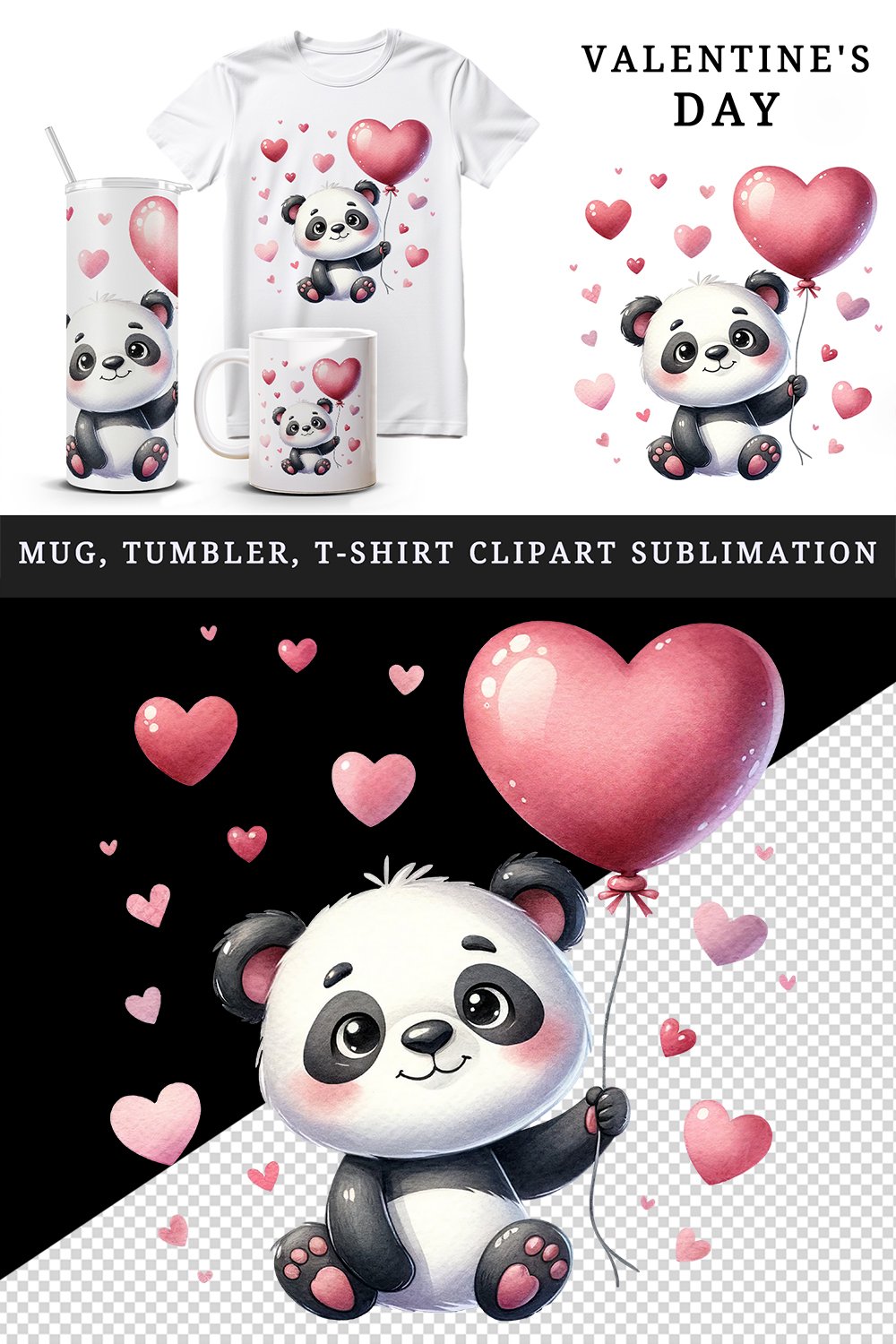 Valentine's Day panda tumbler mug wrap clipart sublimation