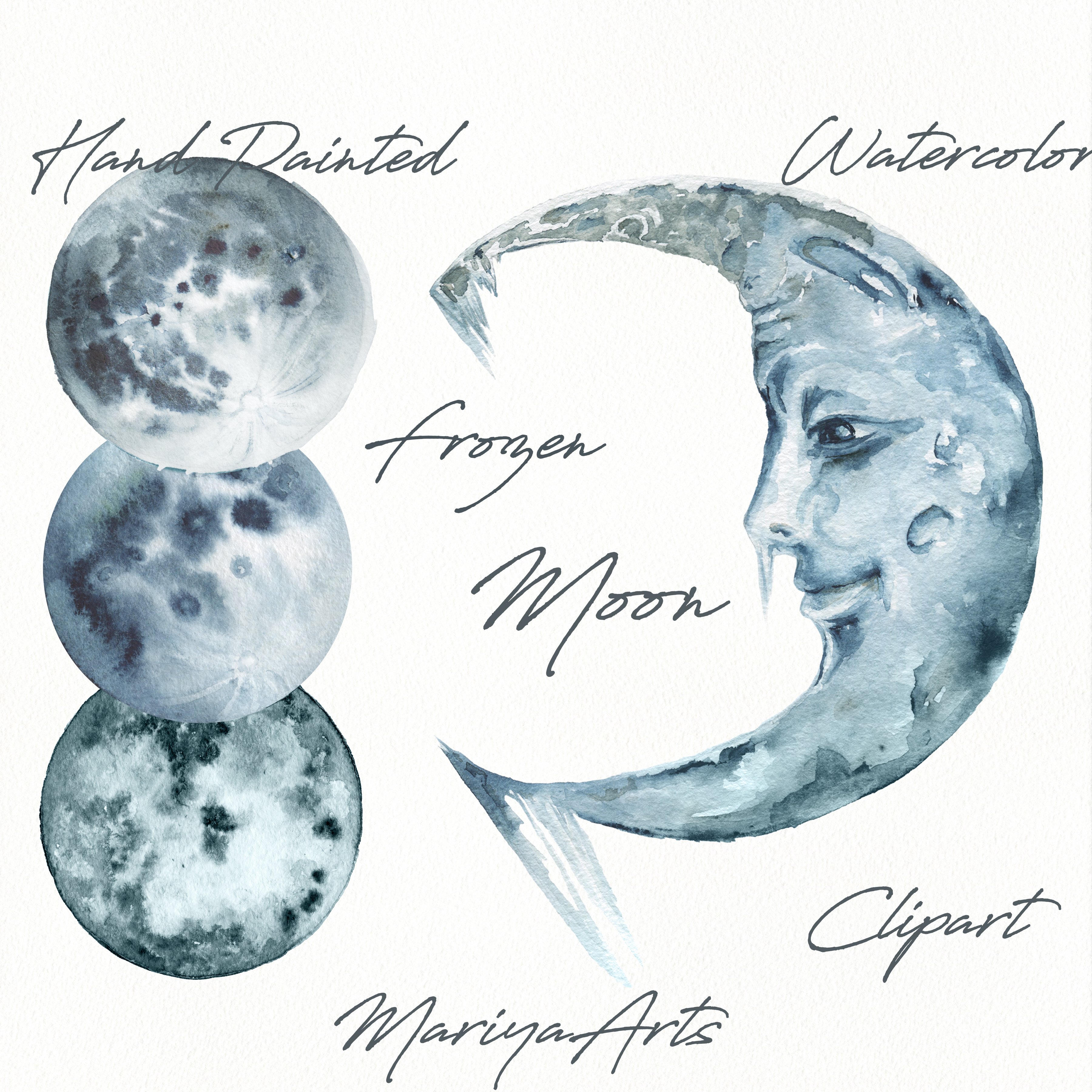 Frozen Moon Ice Moon Hand Painted Watercolor Sublimation PNG