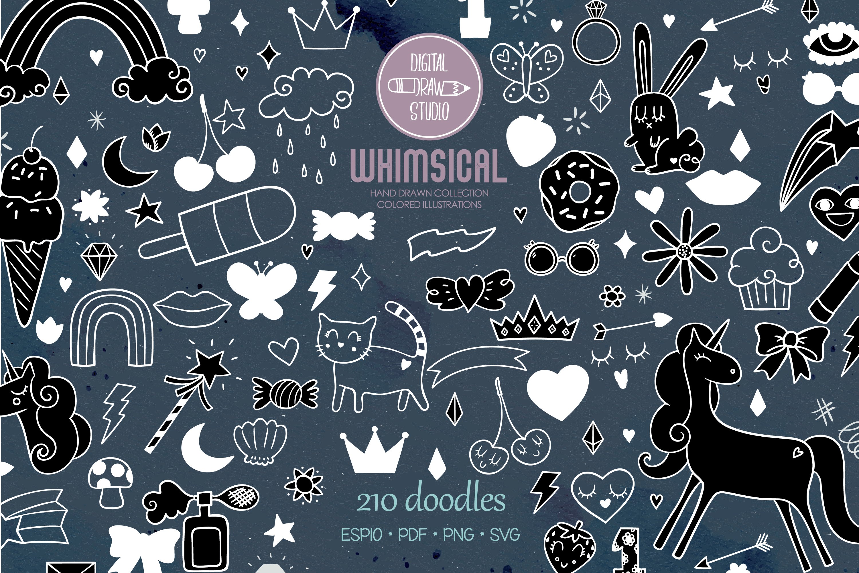 Whimsical White Doodles | Hand drawn Unicorn, Rainbow, Heart