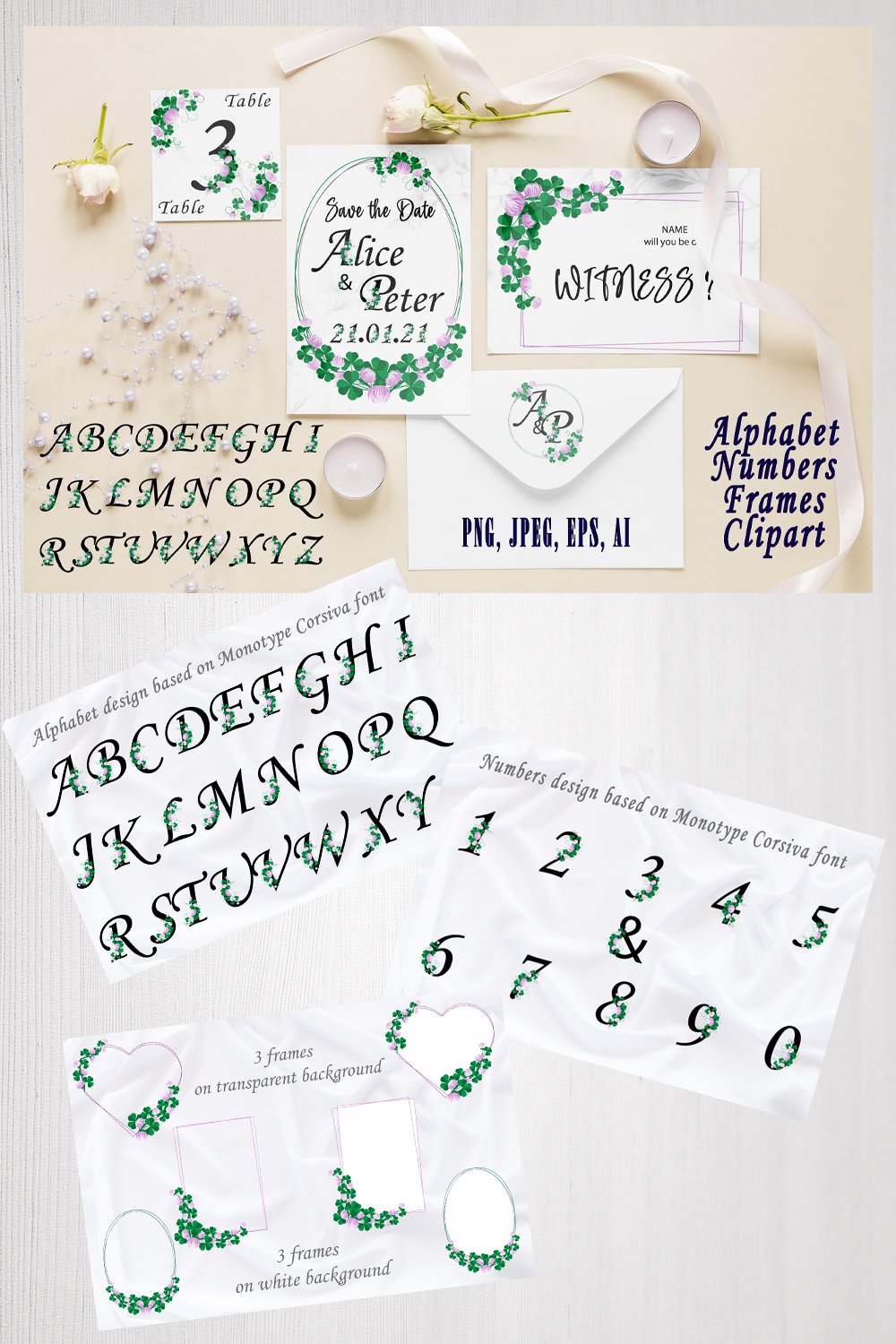 Clover bouquet - alphabet, frames, clipart.