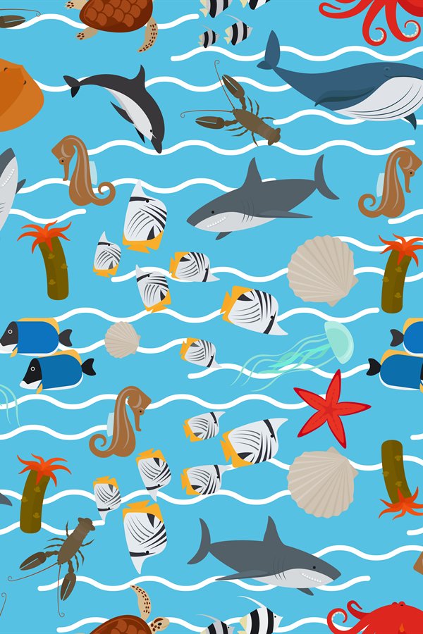 Sea animals seamless pattern with waves