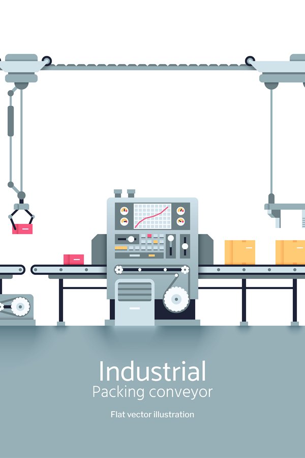Industrial production factory conveyor flat vector illustrat