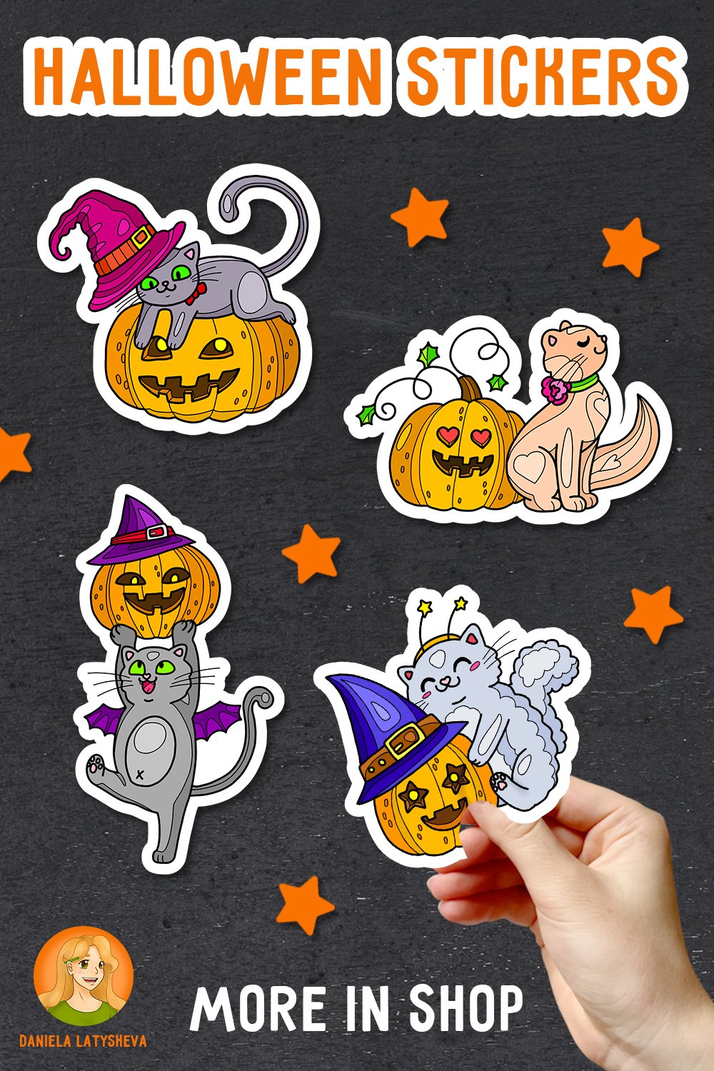 Halloween printable stickers with cartoon cats and pumpkin