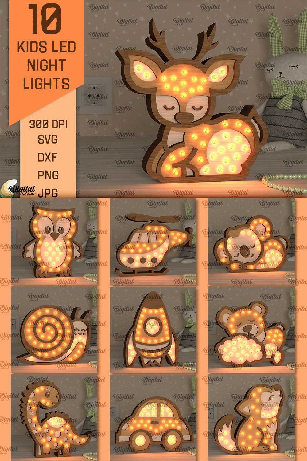 Kids Led Night Lights SVG Bundle. Laser Cut Kids Night Lamps