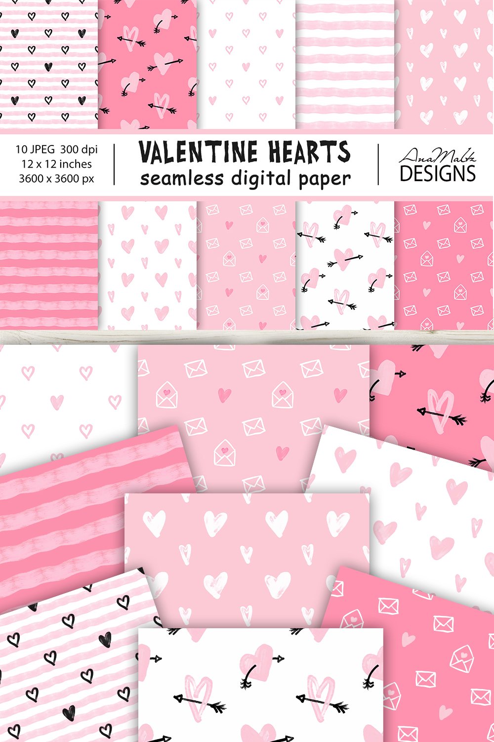 Valentines day digital papers Watercolor hearts Love pattern