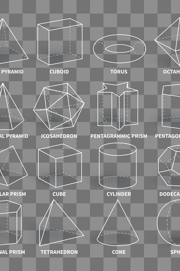 3d math geometric outline shapes isolated on transparent bac