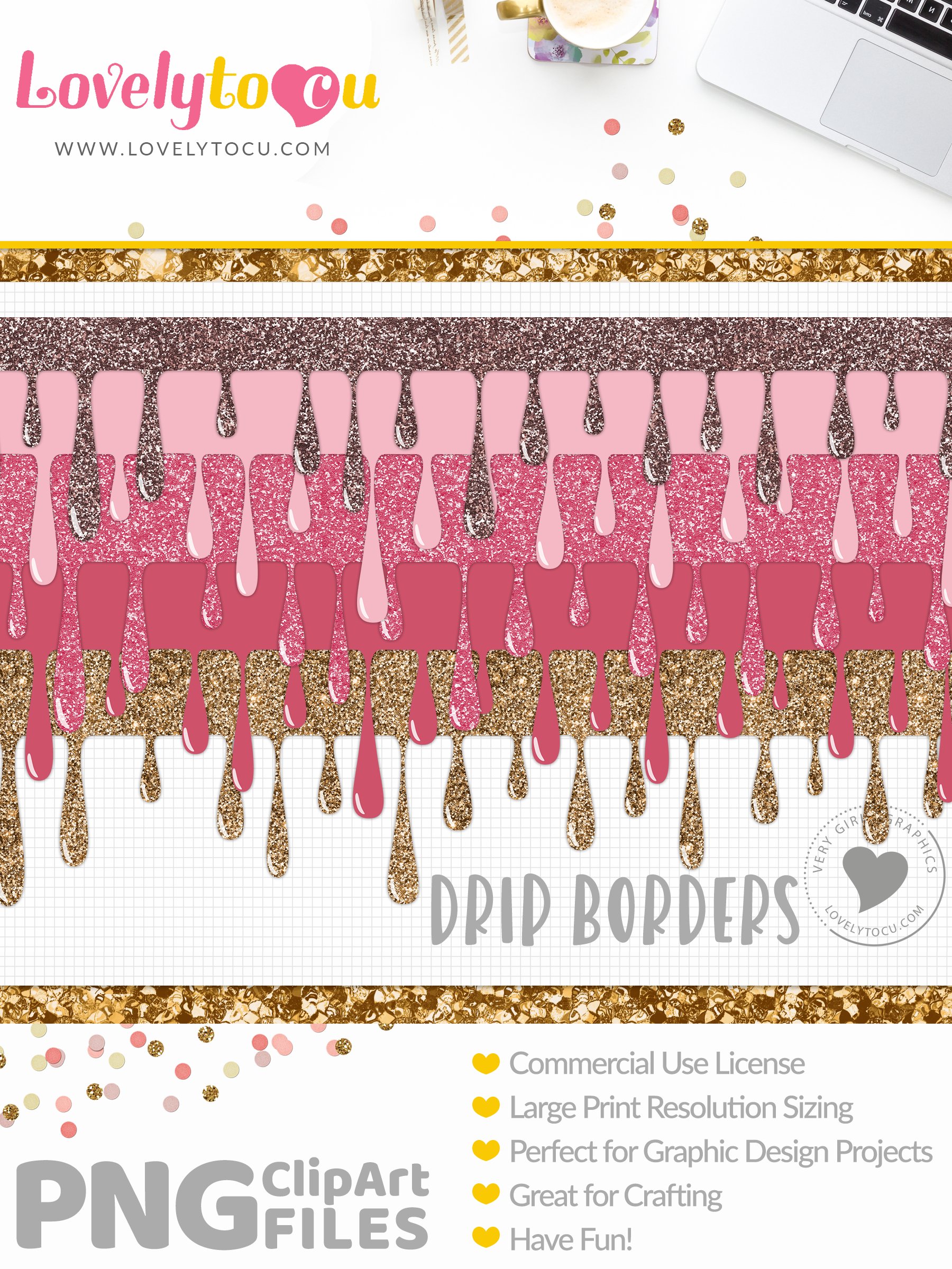 Glitter drip borders, graphic design elements, (2079338)