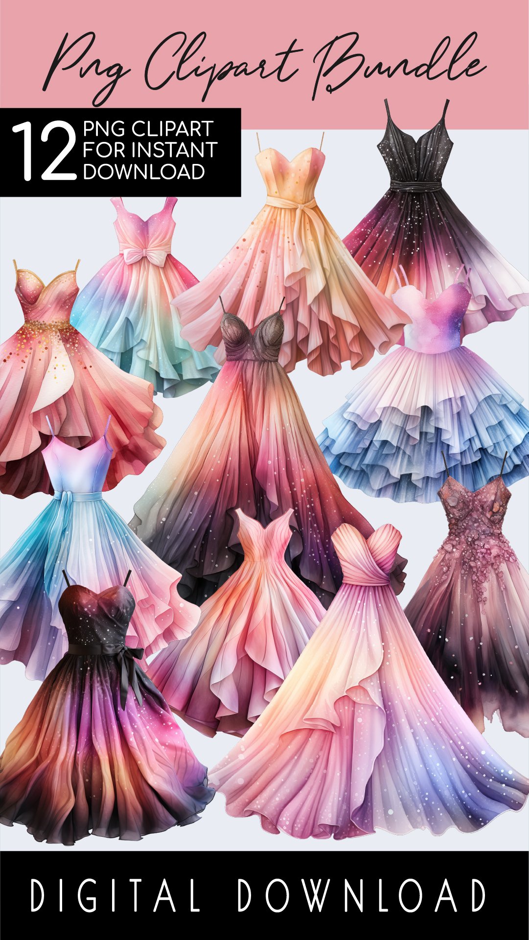 Watercolor Dress Clipart Bundle, Party Dress Sublimation