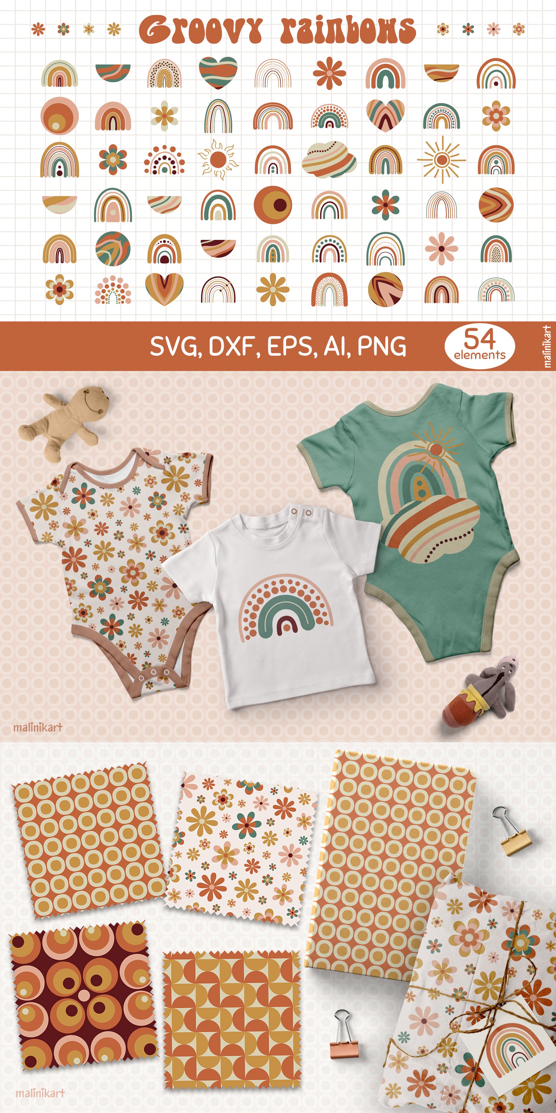 Groovy 70's Retro Rainbow Svg Clipart, seamless (2289348)