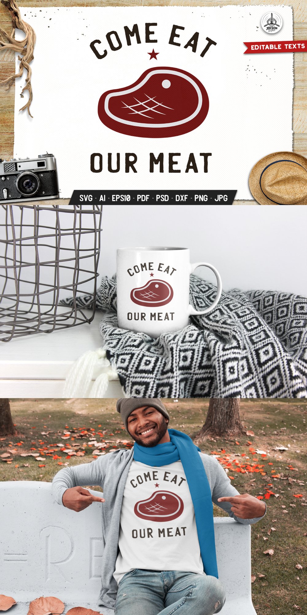 Eat My Meat BBQ Logo Design Retro Vector Badge Cut Files