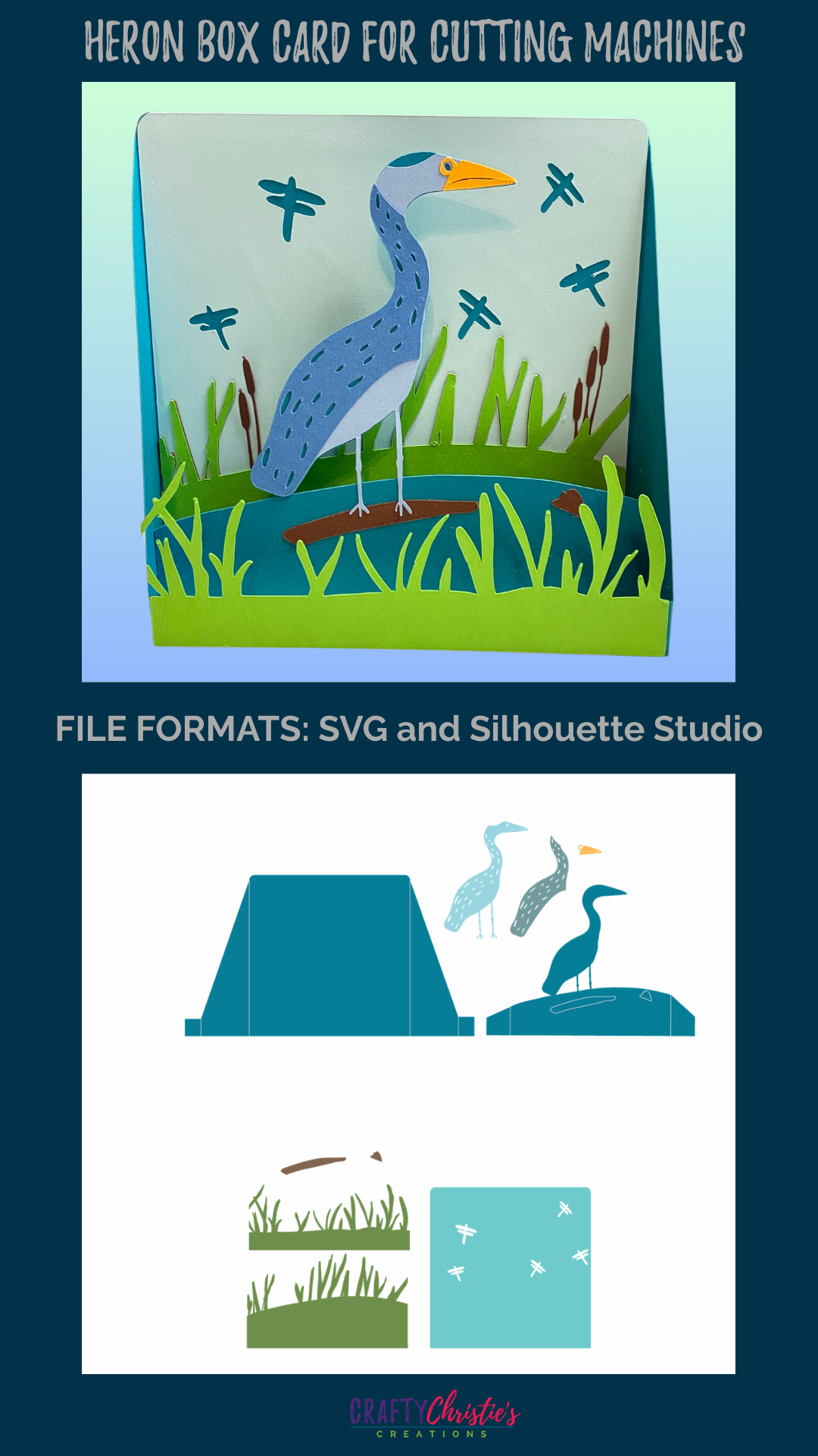 3D Layered Blue Heron Box Card SVG Cut File