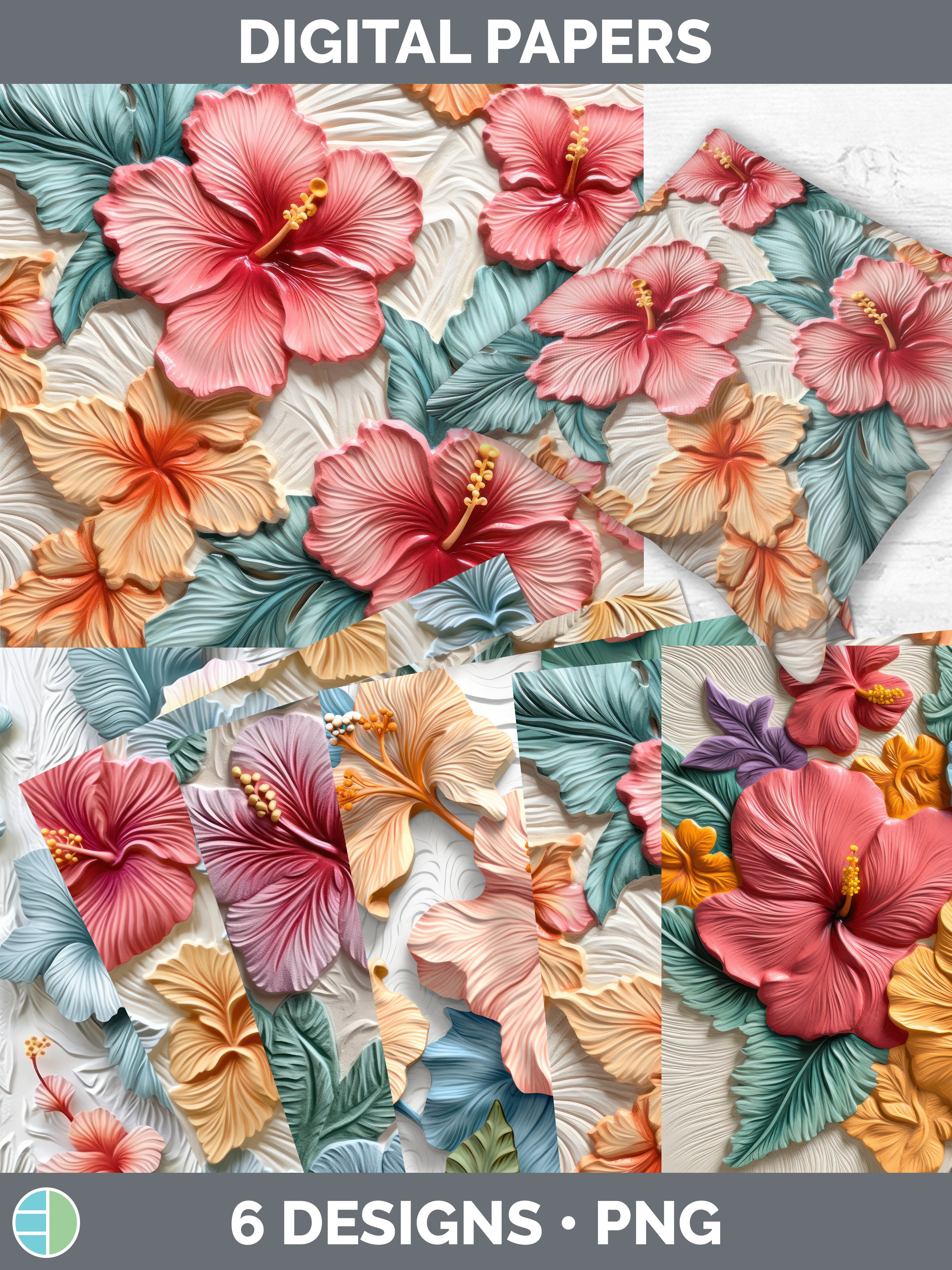 3D Hibiscus Flowers Paper Backgrounds | Digital Scrapbook Pa