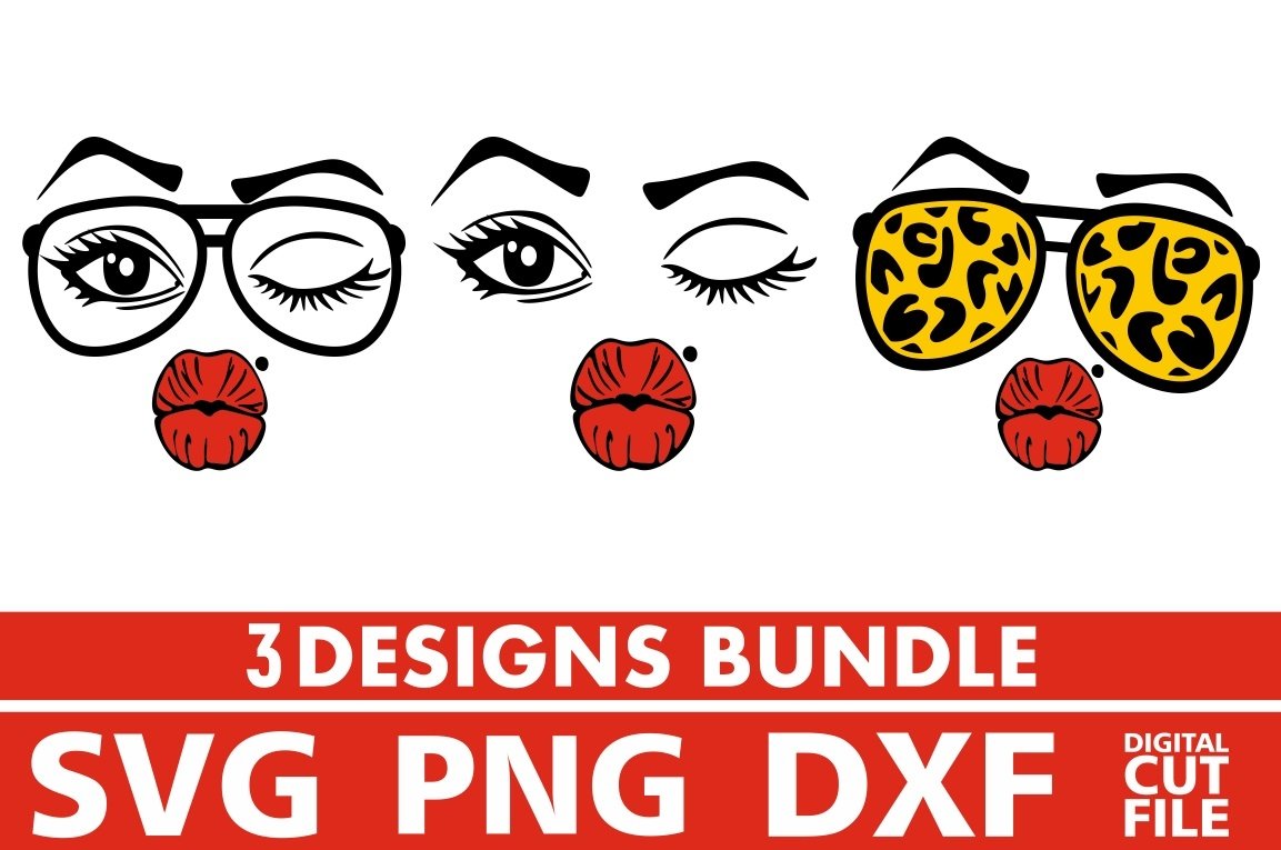 3x Beauty Woman Face Bundle svg, Winking svg, Kiss Lips svg