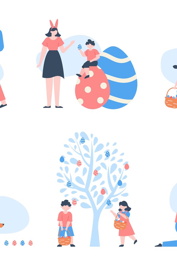Easter characters. People carrying baskets of eggs, flowers