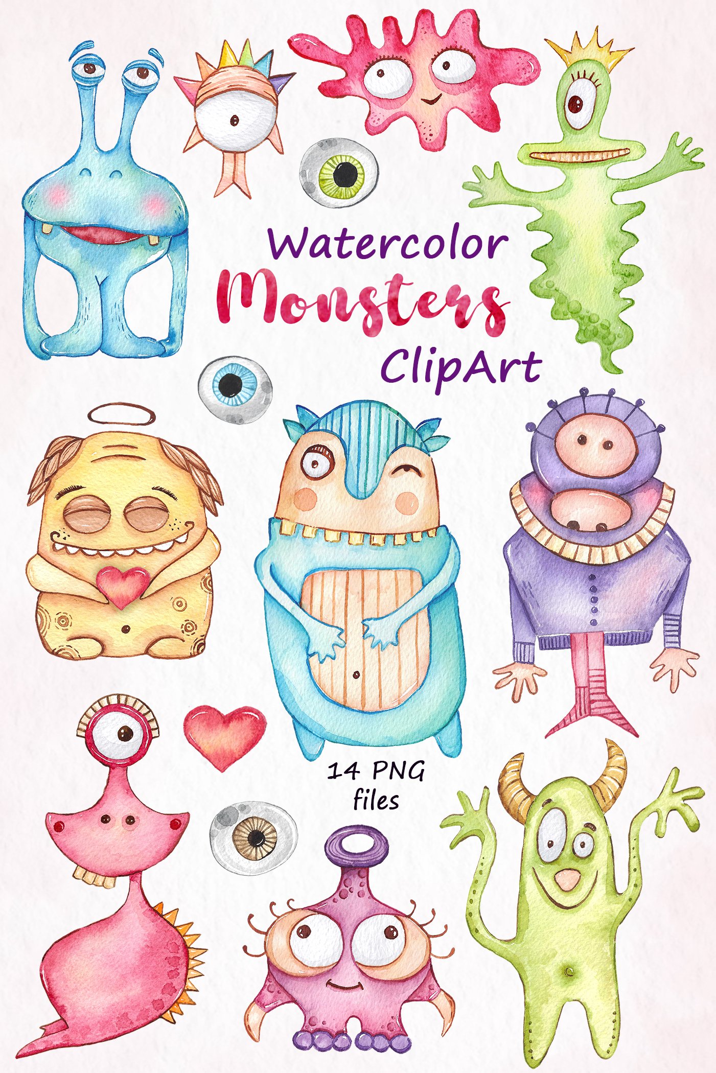 Watercolor Monsters ClipArt, Cute Monster Birthday Party