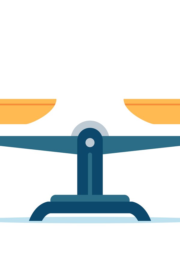 Scales in balance and imbalance. Flat libra icon with gold b