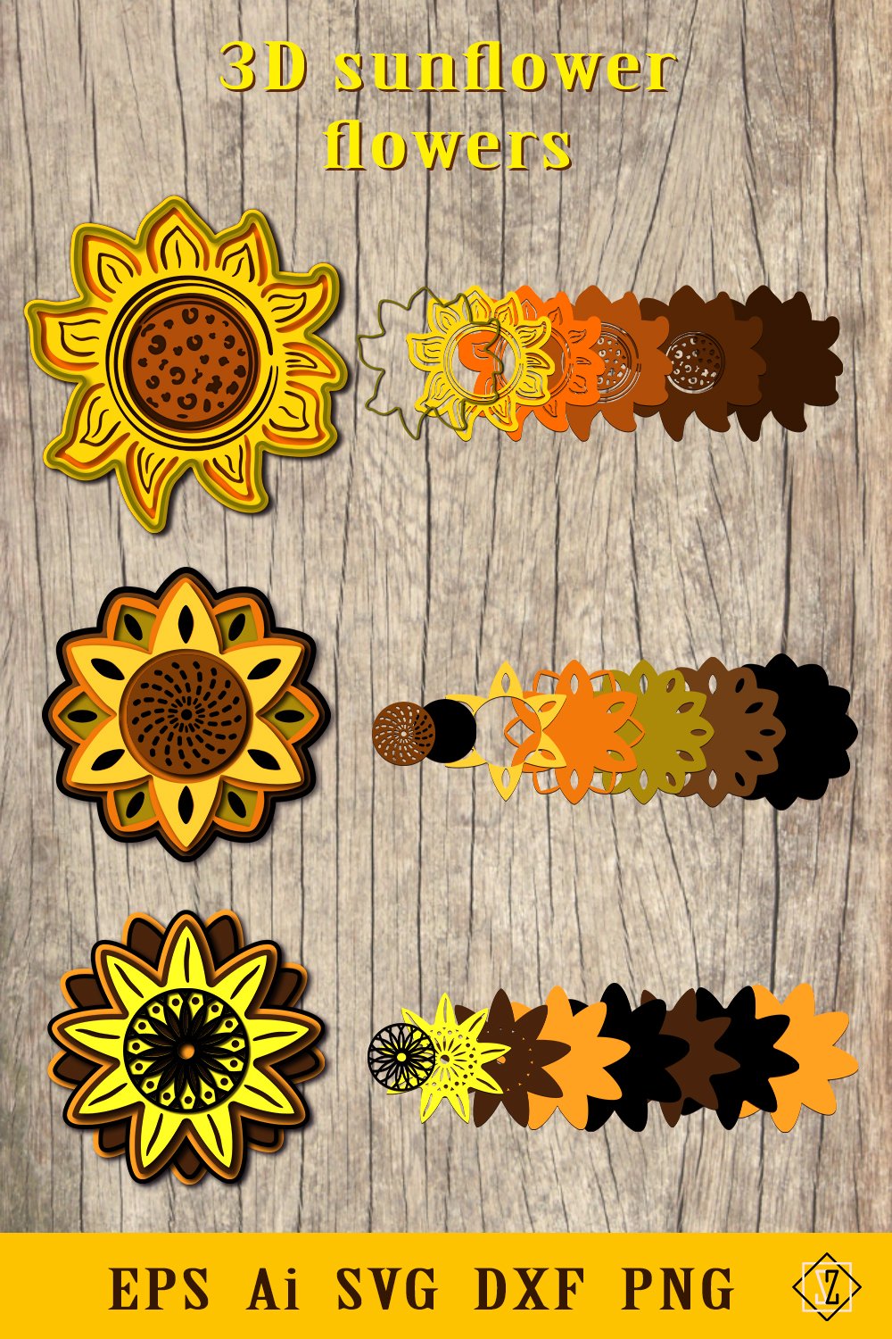 Three volumetric stylized sunflowers for your creativity. Cu