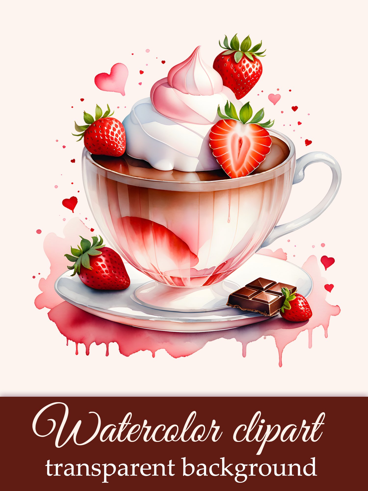 Watercolor coffee cup with hearts and chocolate, clipart Png