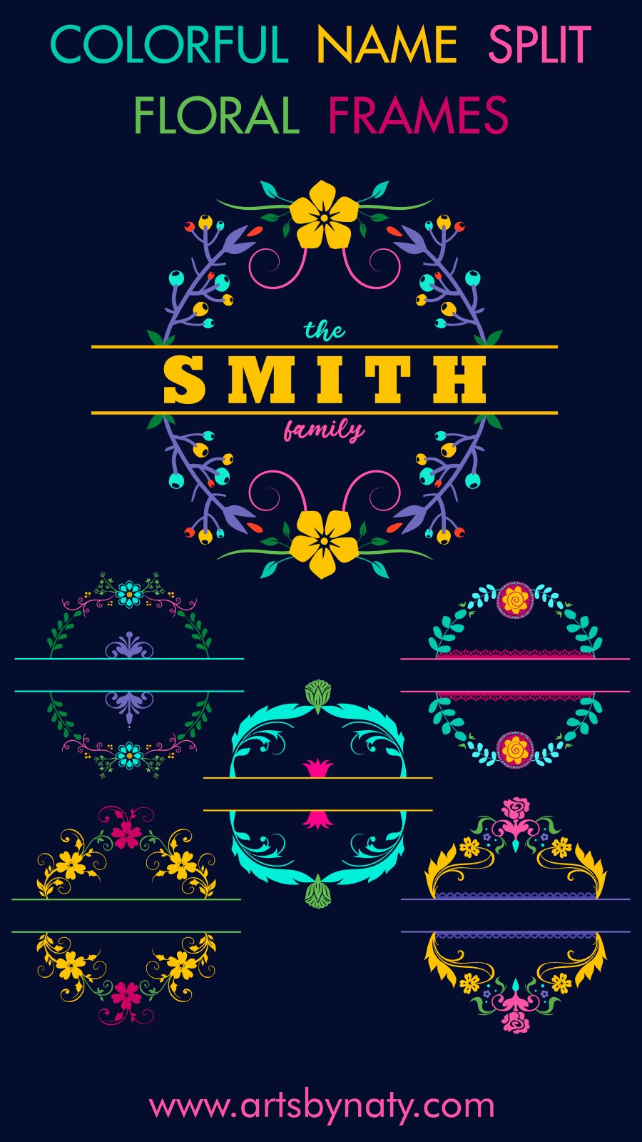Colorful name split floral frames. SVG for names and titles.