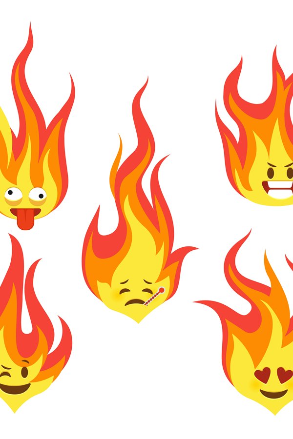 Fire character icons. Hot flame cute emoji with angry and sm