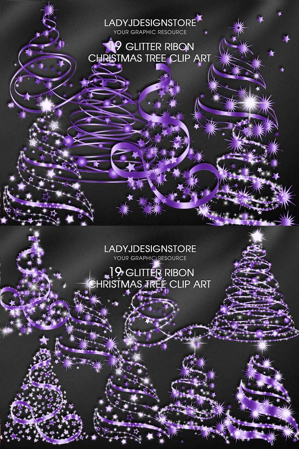 Violet Ribbon Sparkle Christmas Tree Clip Art in PNG format