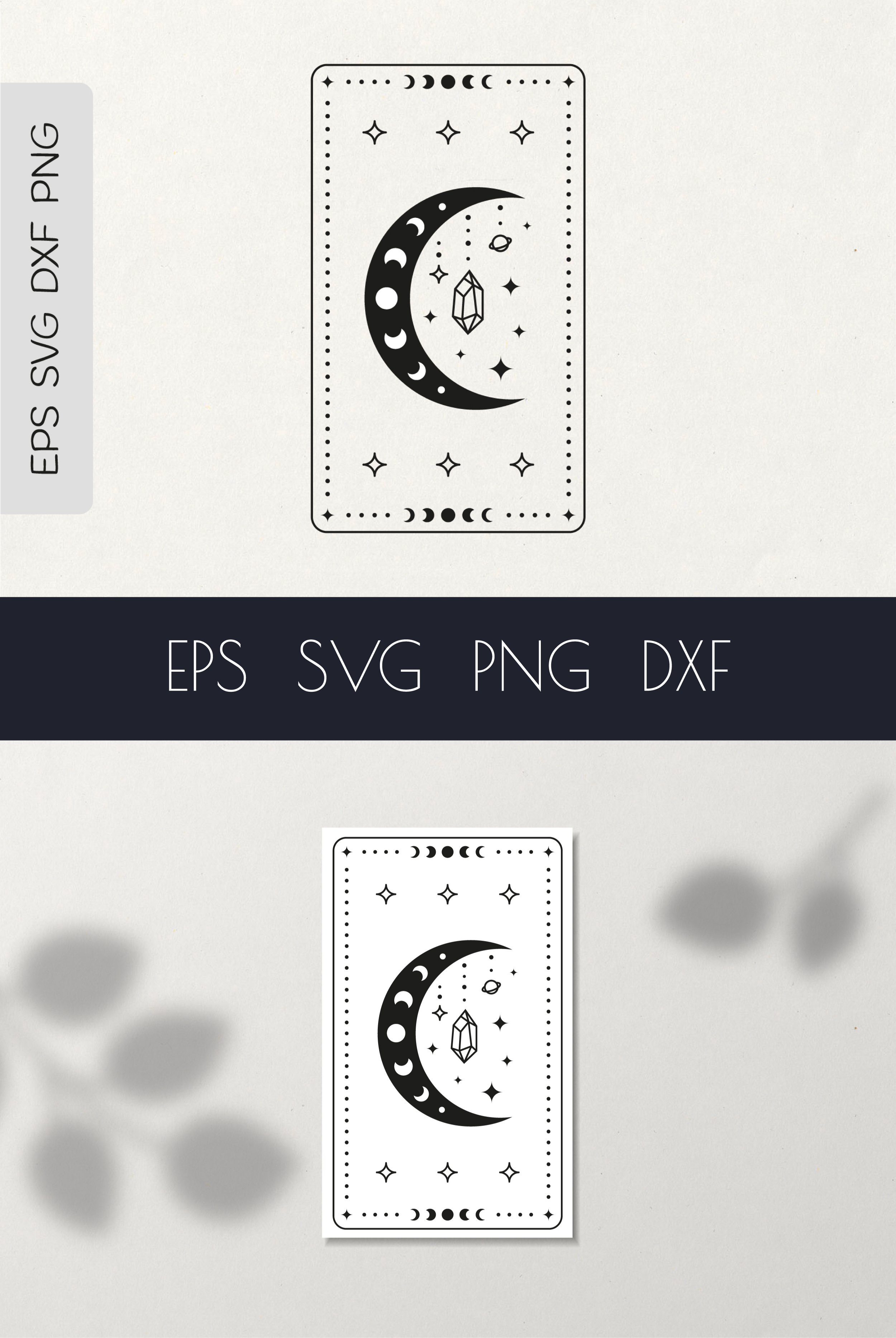 Magical card with crescent, moon phases and stars.