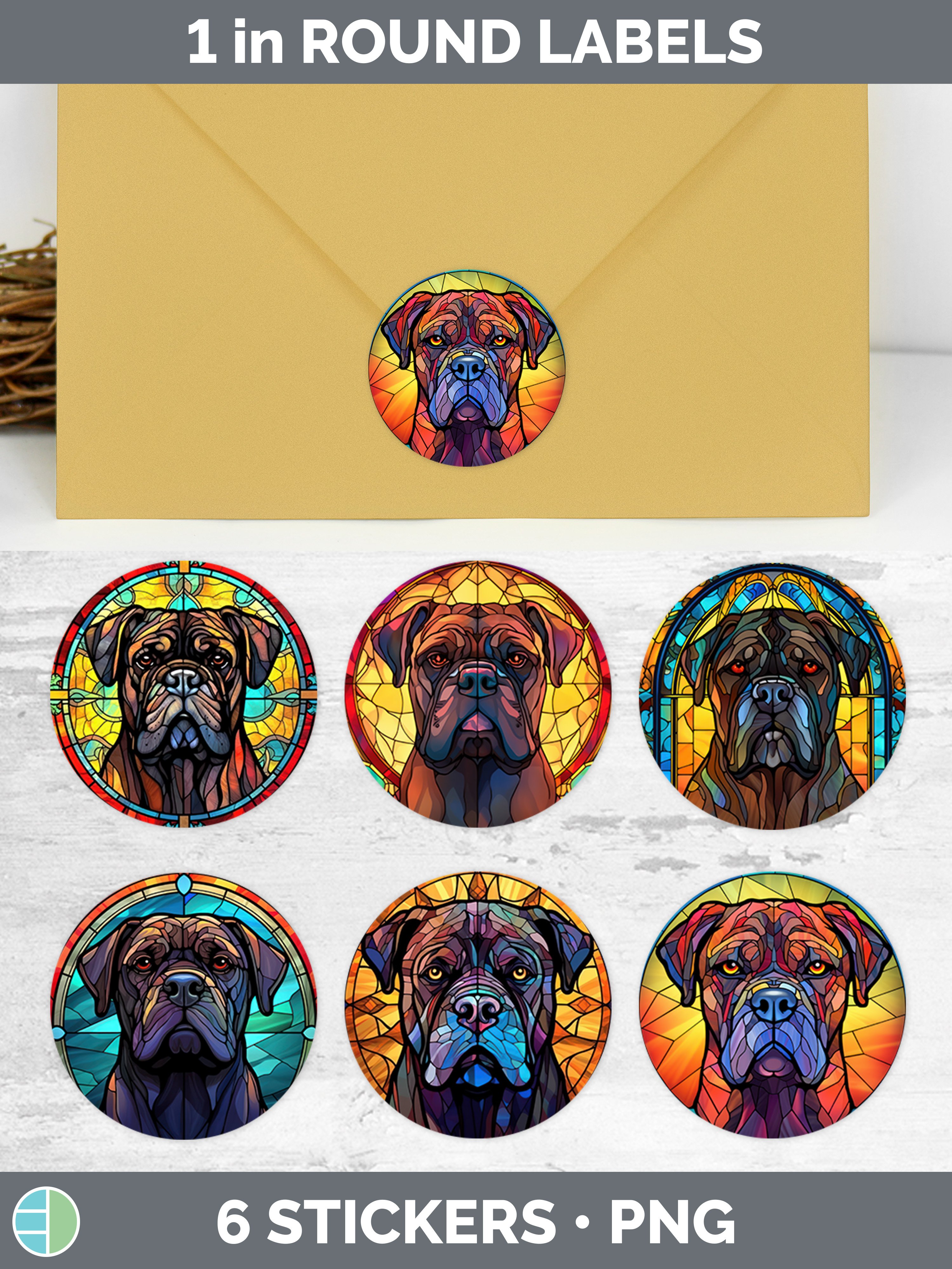 Stained Glass Cane Corso Dog Stickers | Round Labels Designs