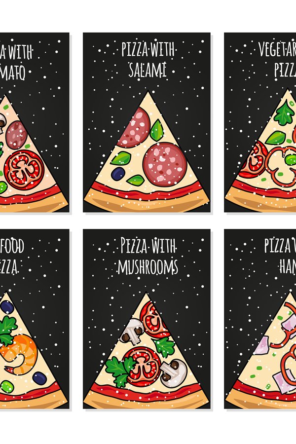 Pizza cards template. Holiday pizza cards for party menu