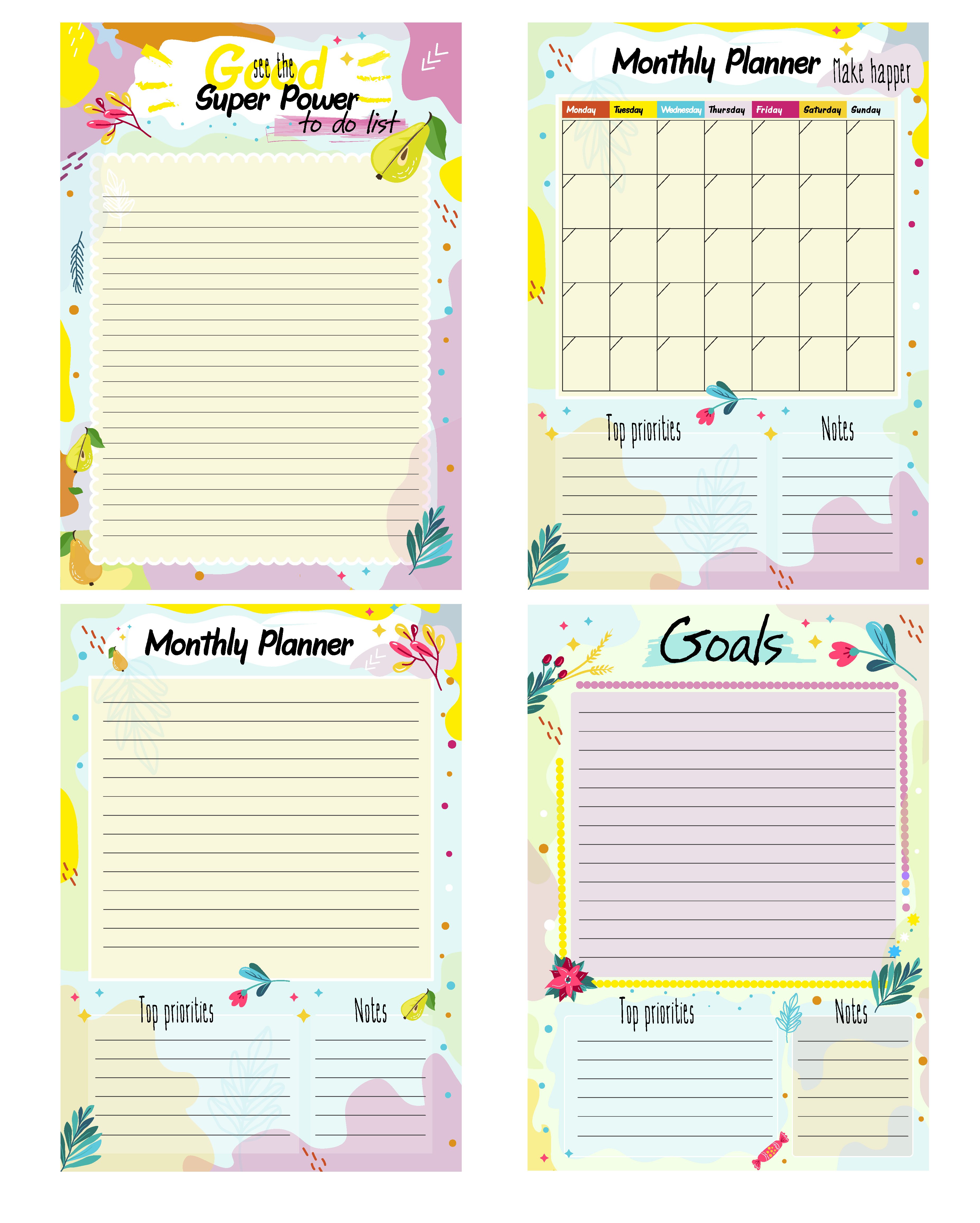 A set of monthly planner pages with an abstract background.