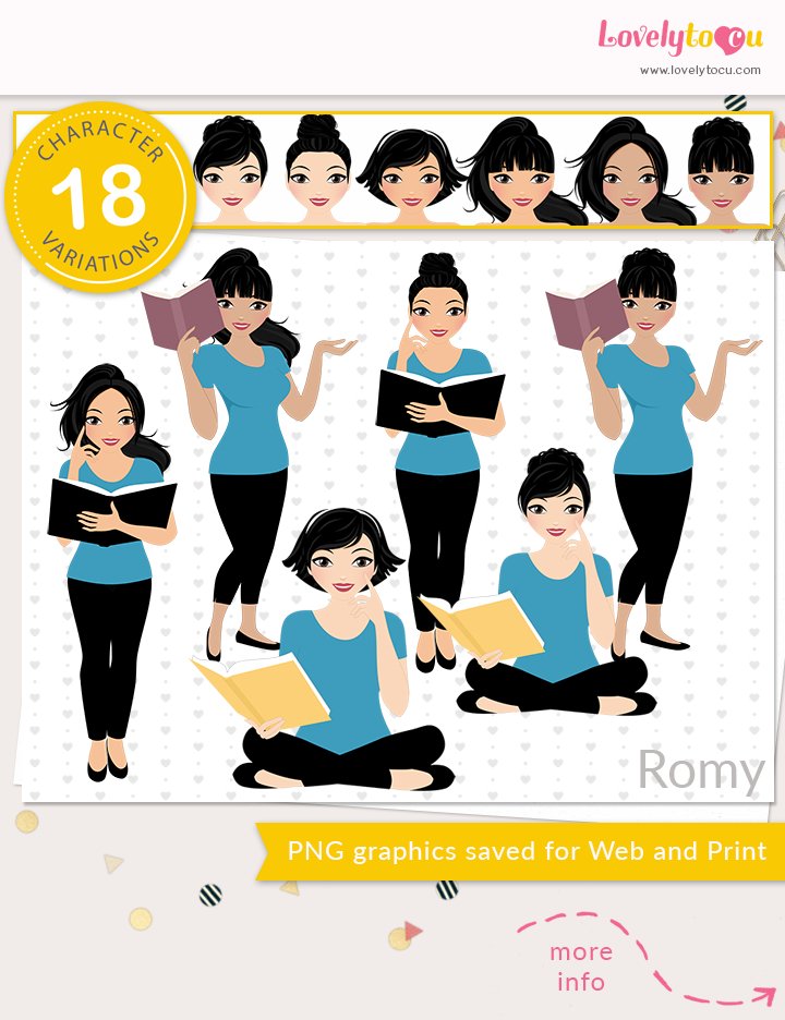 Asian book woman, reading clipart, LVX17 Romy