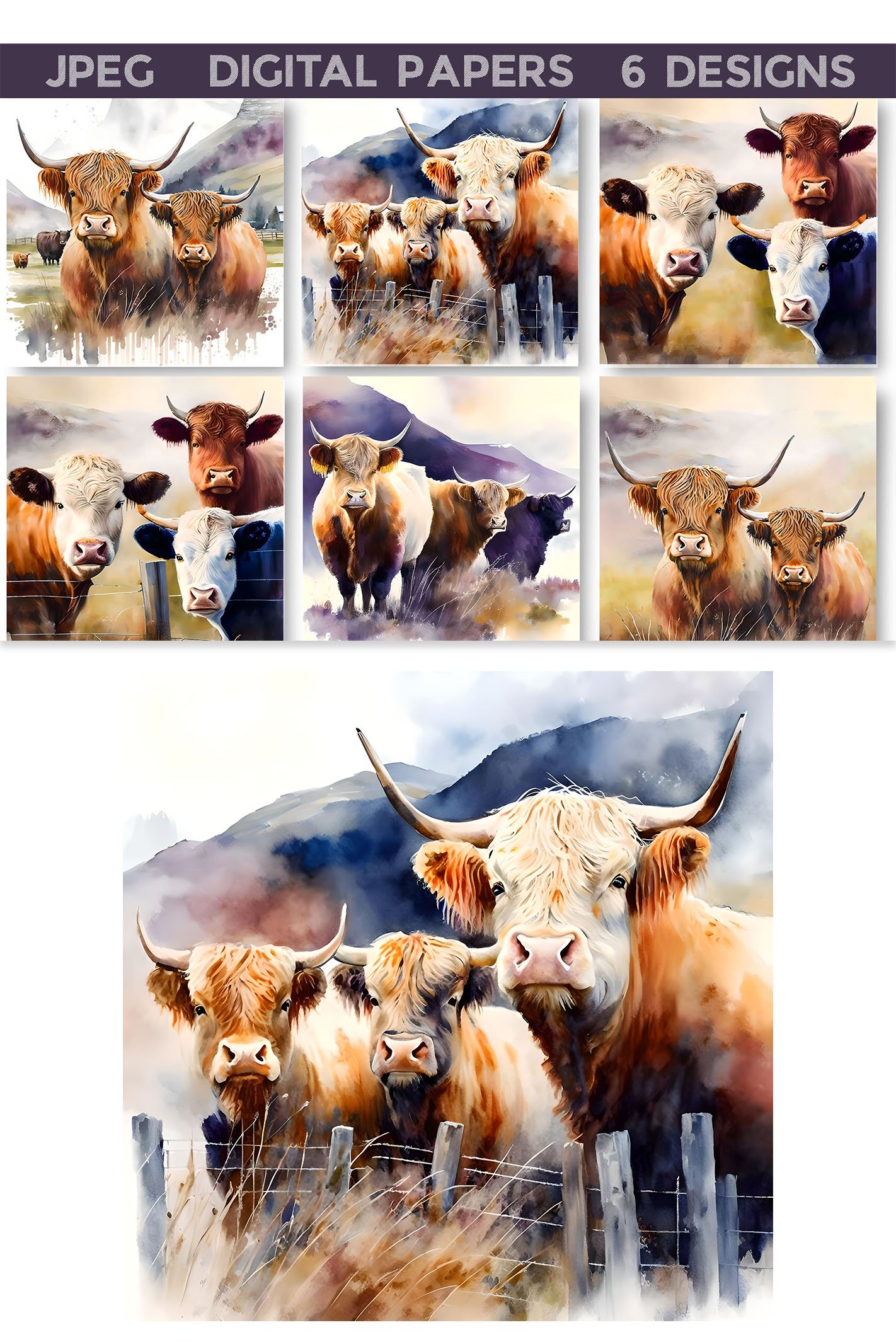 Highland Cow Digital Papers | Highland Cow illustration