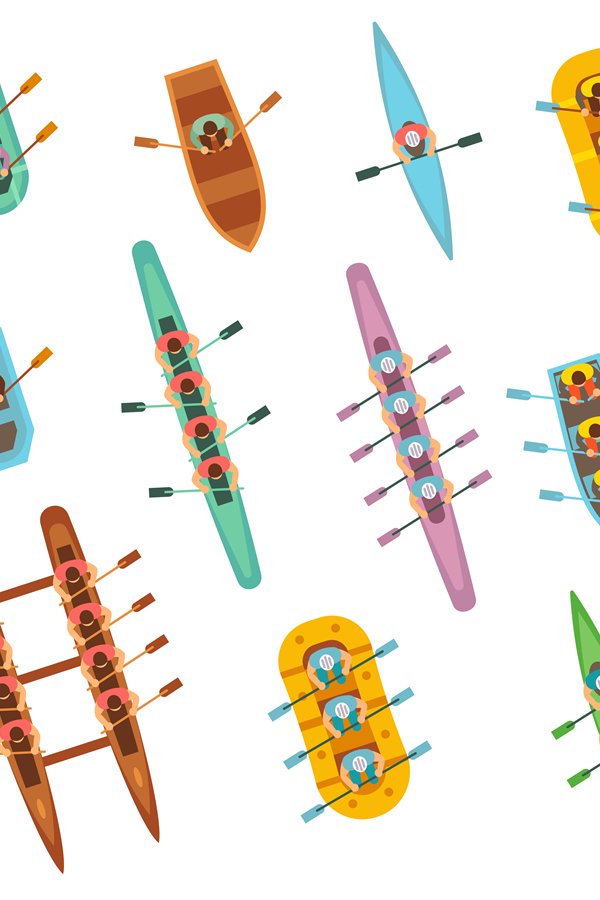 Top view rowing sport boats with team vector set