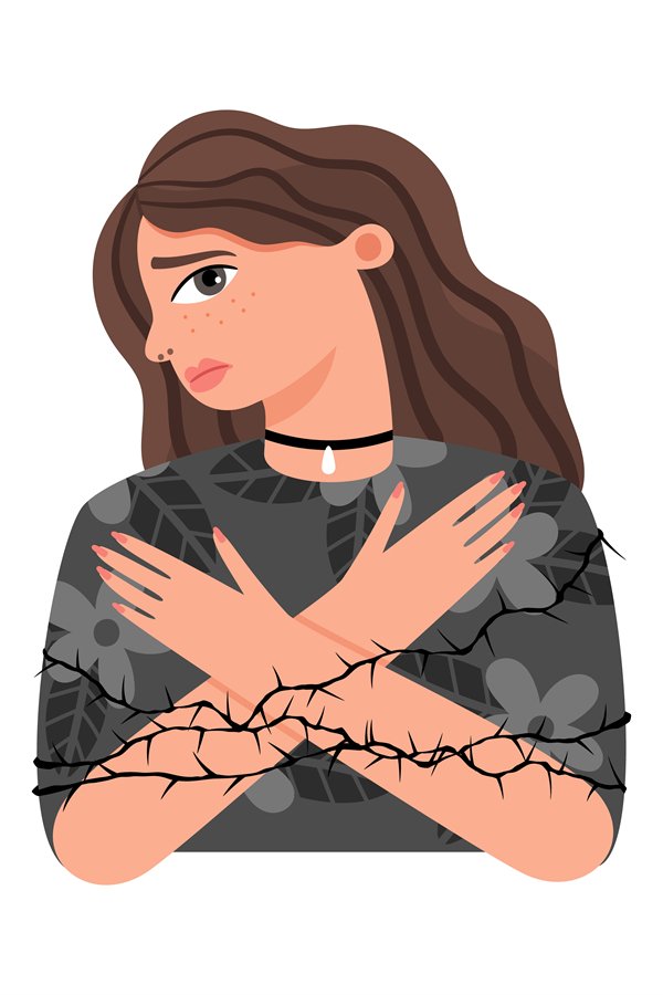 Emotive unhappy woman. Depressed female hugs her shoulders w