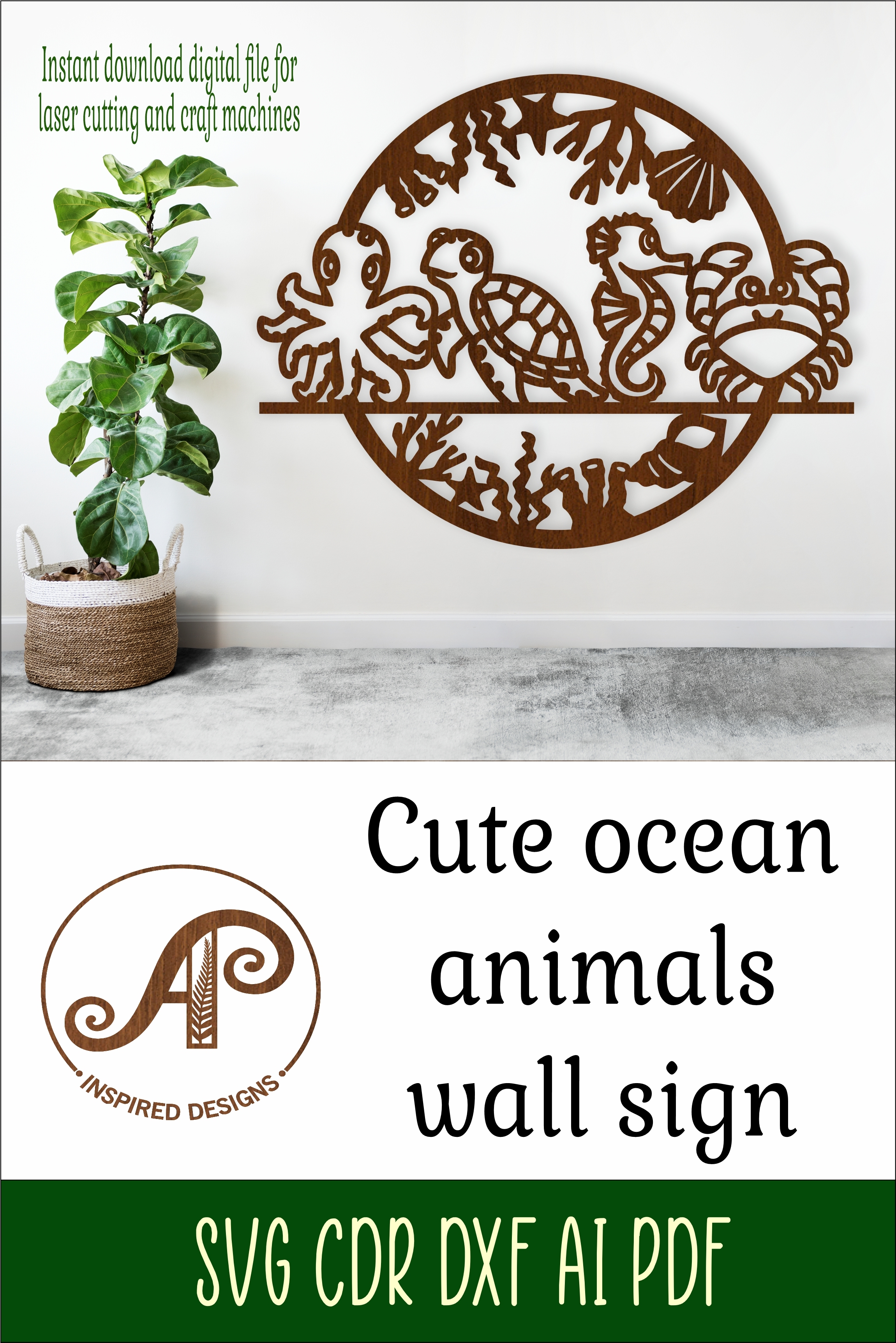 Cute ocean animals wall art sign, SVG file. vector