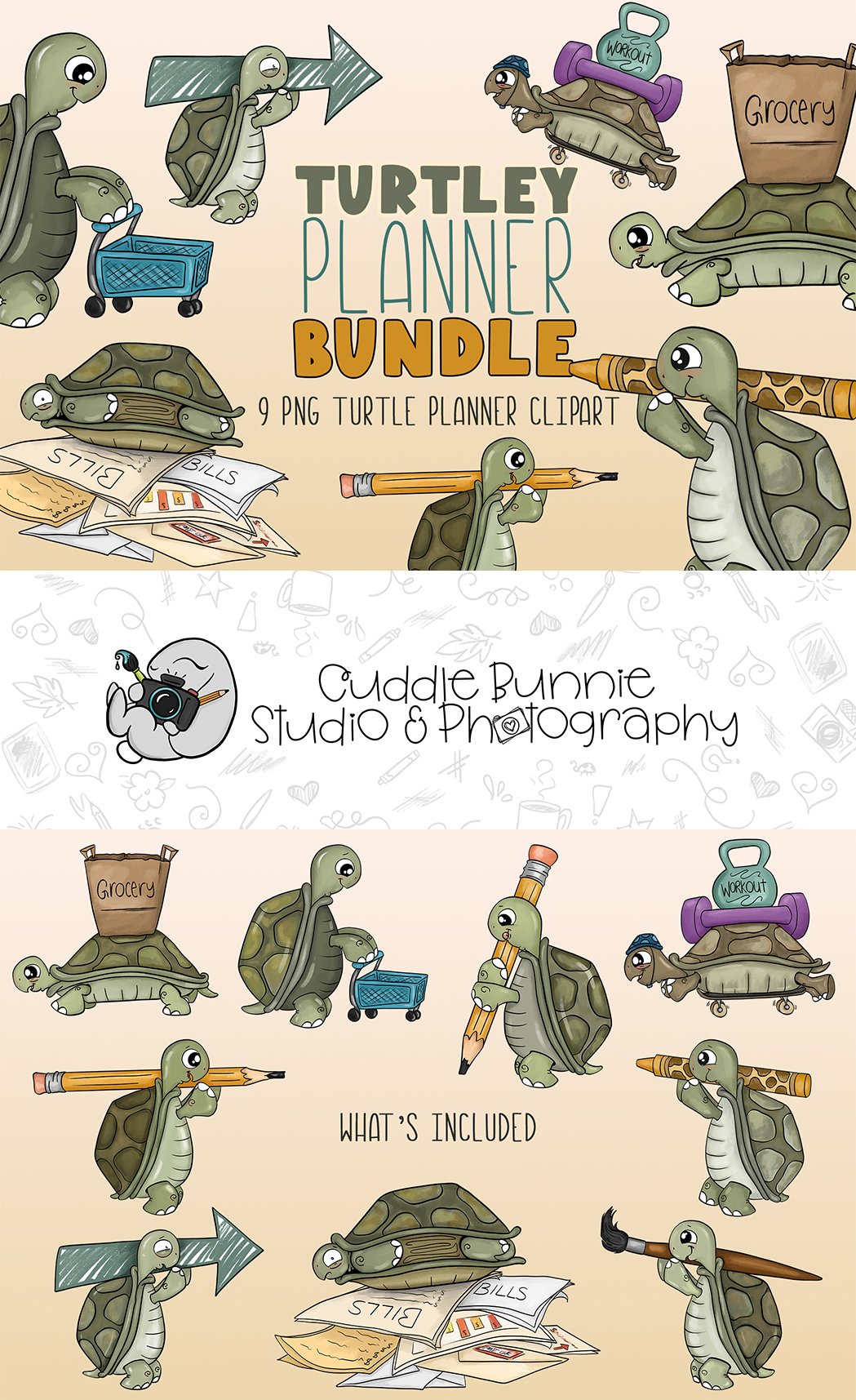 Turtley Planner Bundle | 9 PNG turtle planner clipart