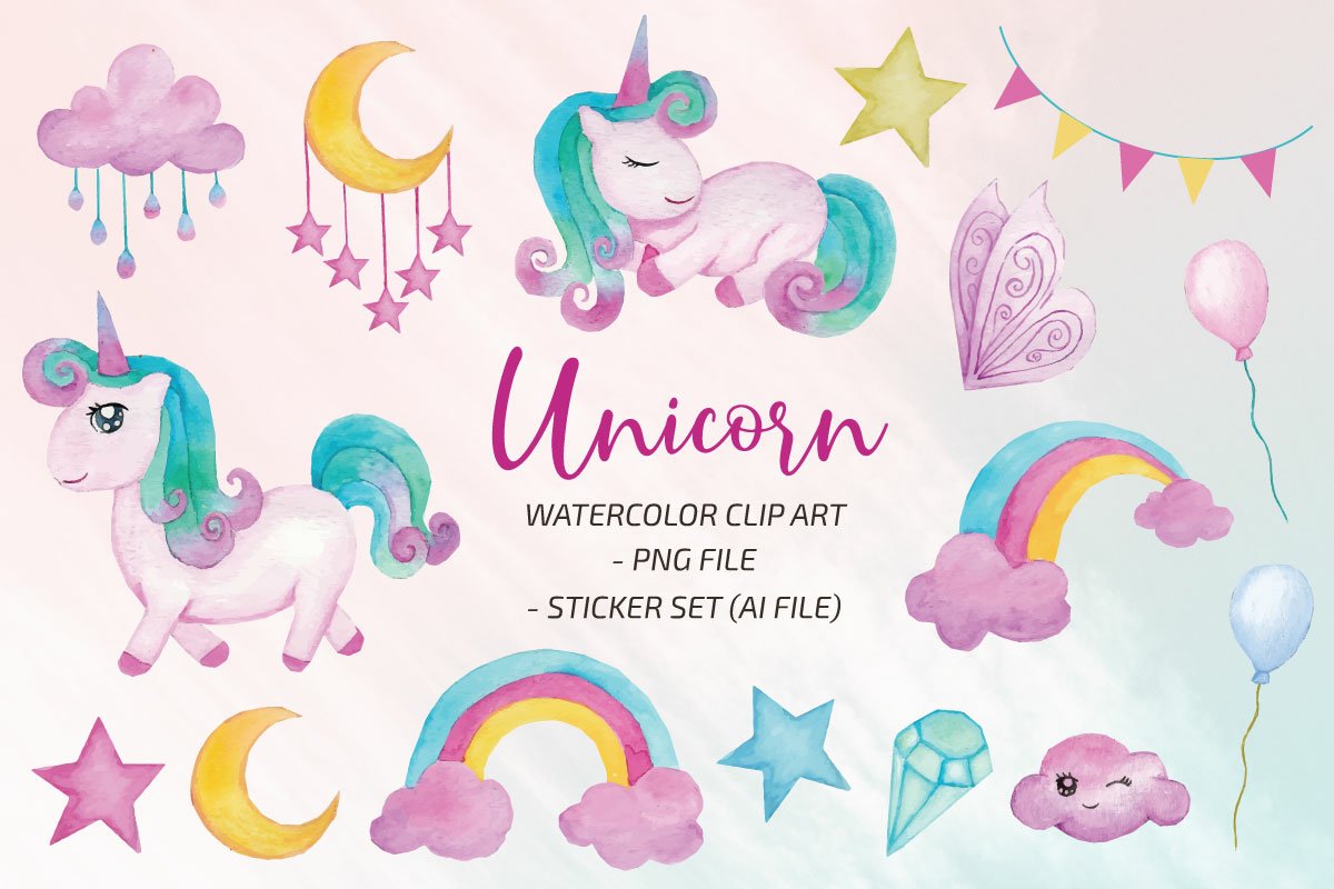 Unicorn Watercolor Clip Art Set PNG (1421760)