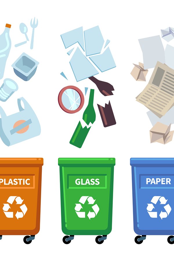 Waste bins. Different trash types color containers for sorti