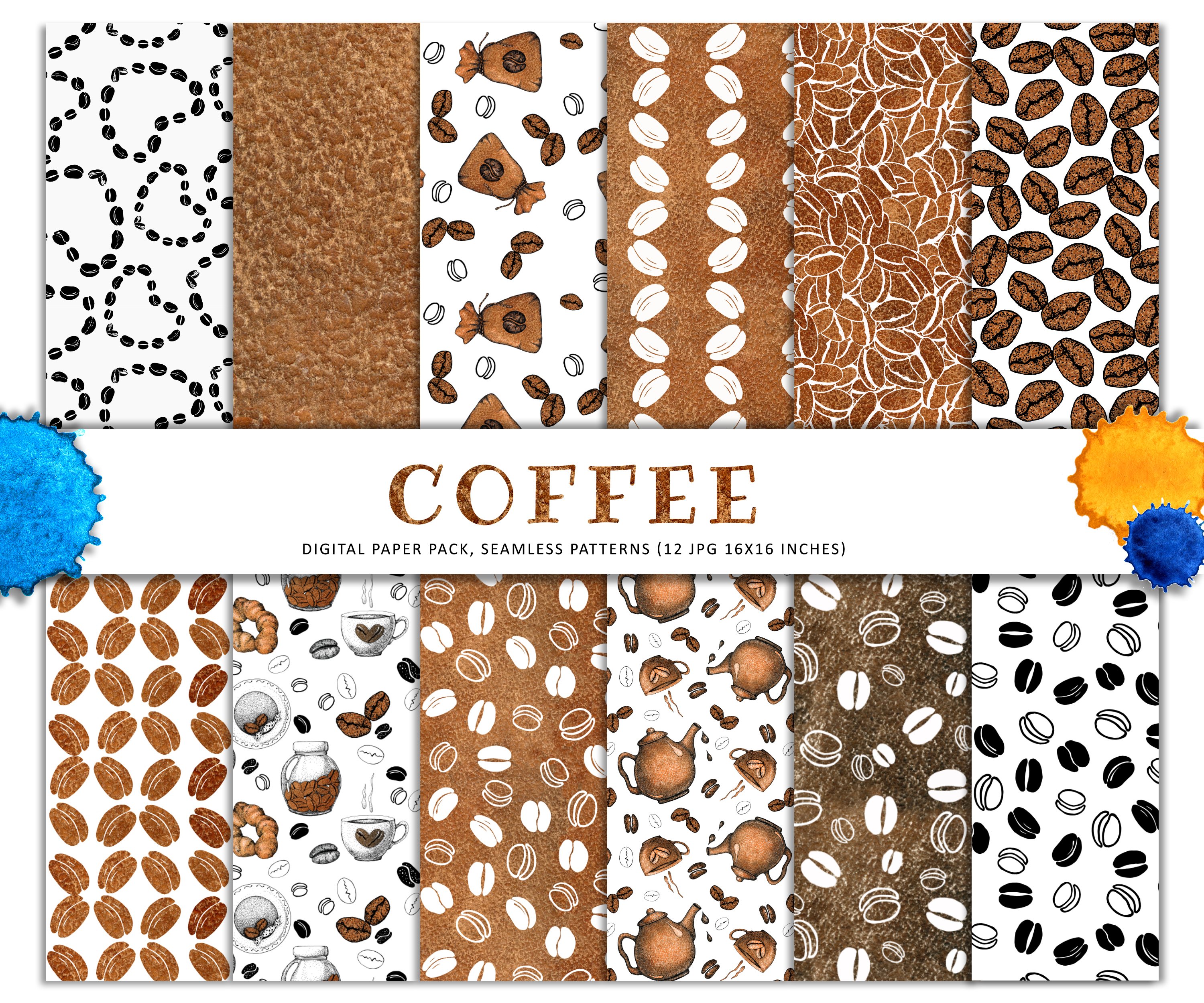 Coffee. Set of elements and digital paper. Seamless pattern