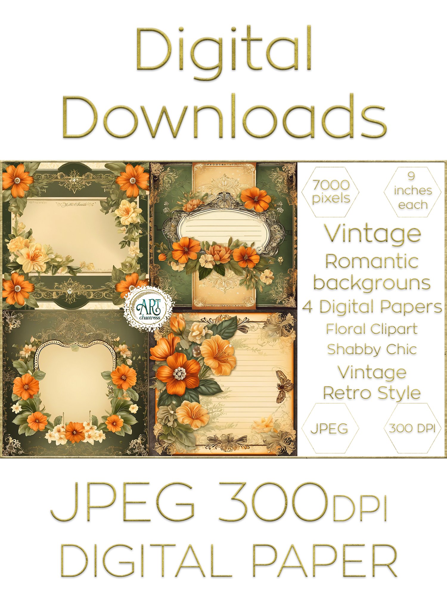 Vintage Floral Orange Old Romantic Retro Digital Papers Art