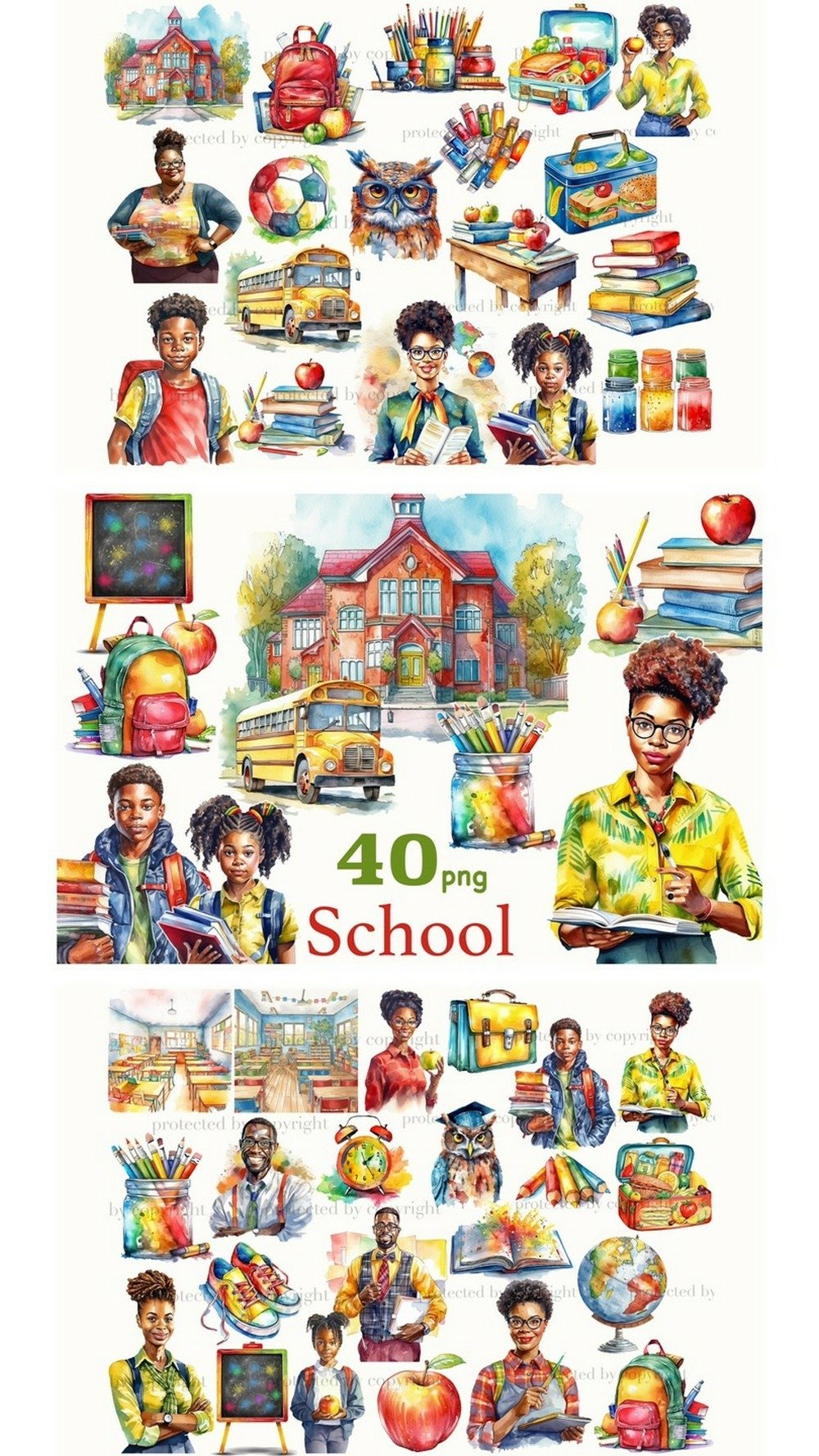 Watercolor School Clipart | Black Woman Illustration Bundle