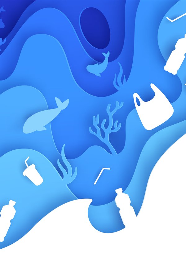 Ocean pollution paper art. Poster with plastic waste, bottle