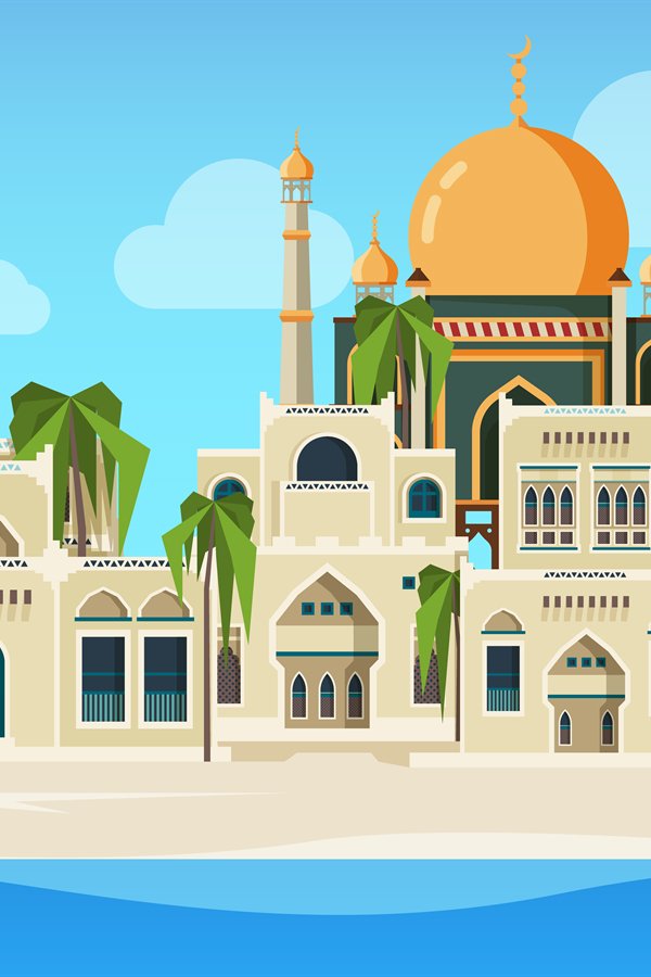 Arabic landscape. Cultural muslim buildings desert backgroun